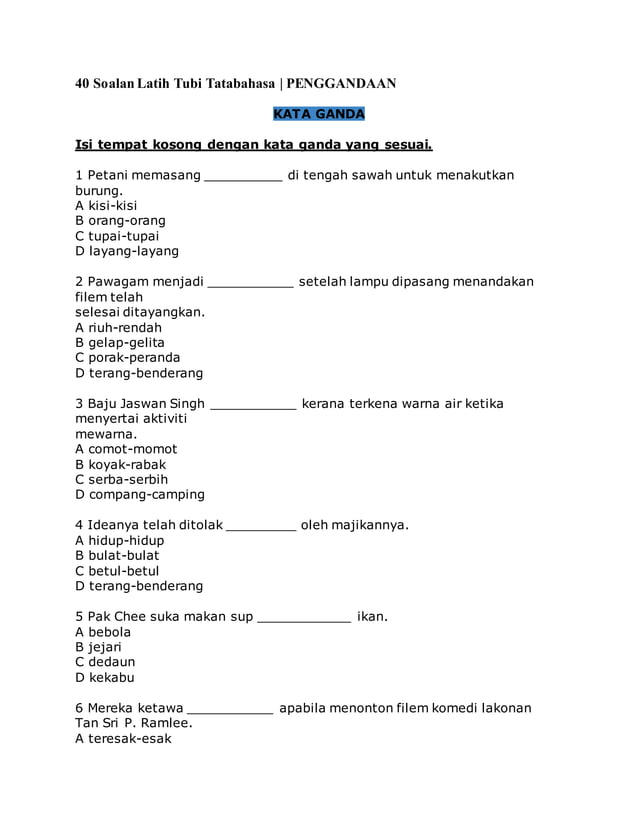 40 soalan latih tubi tatabahasa kata ganda | DOCX