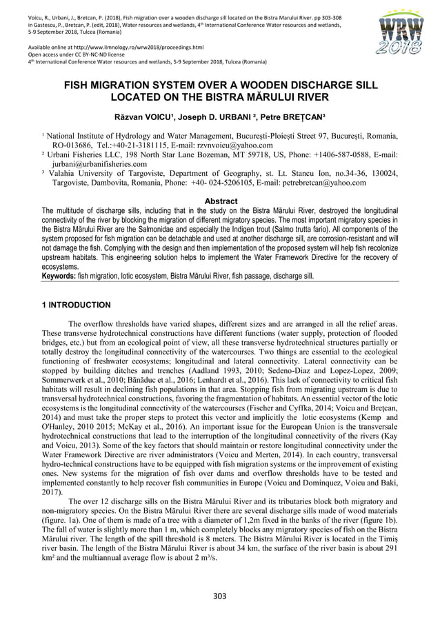 FISH MIGRATION SYSTEM OVER A WOODEN DISCHARGE SILL LOCATED ON THE BISTRA MĂRULUI RIVER | PDF