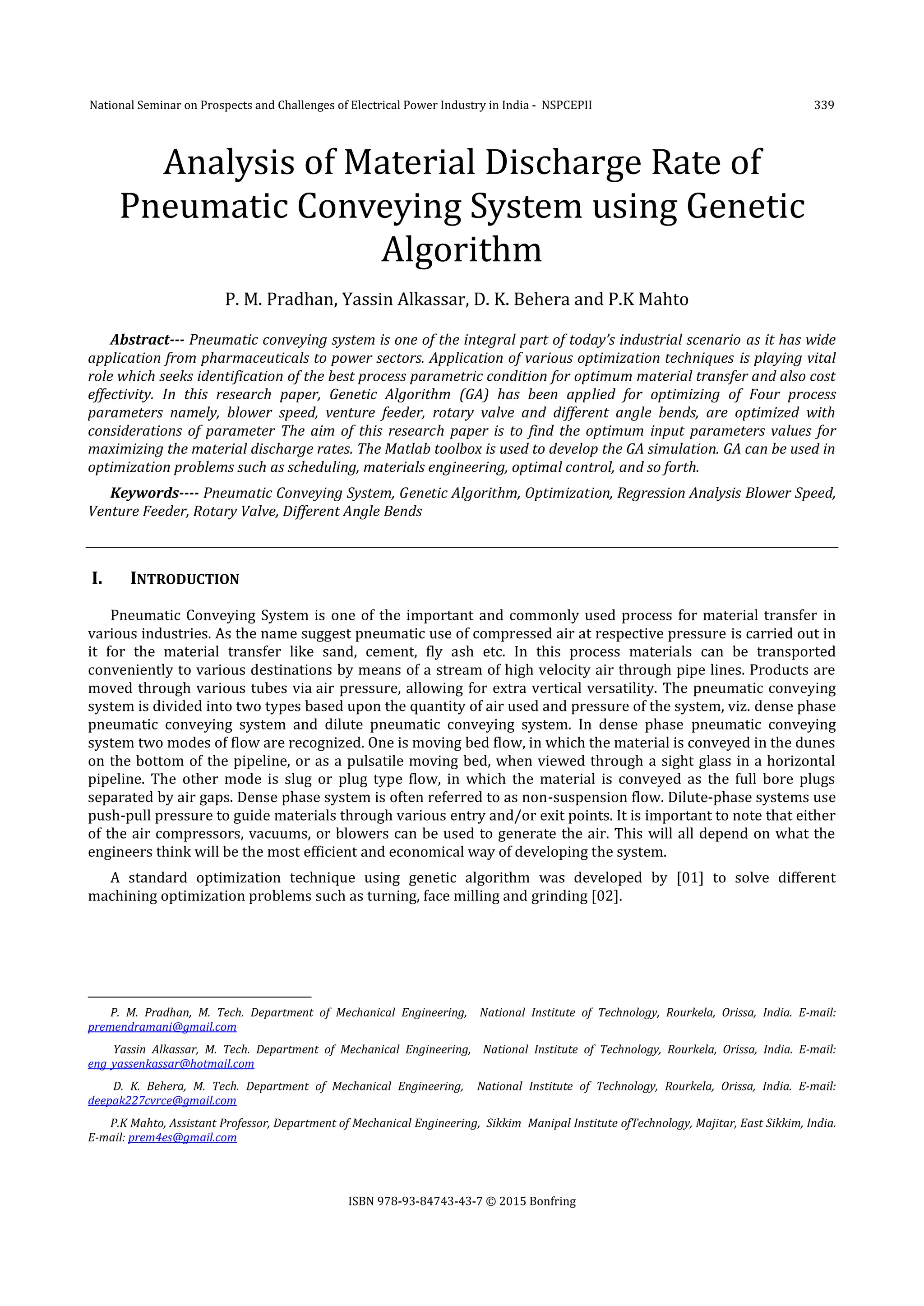 Analysis of Material Discharge Rate of Pneumatic Conveying System using Genetic Algorithm | PDF ...