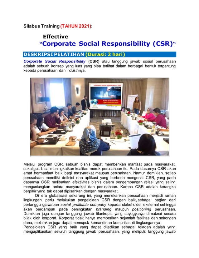 (2021) Silabus Training "Effective Corporate Social Responsibility (CSR)" | PDF