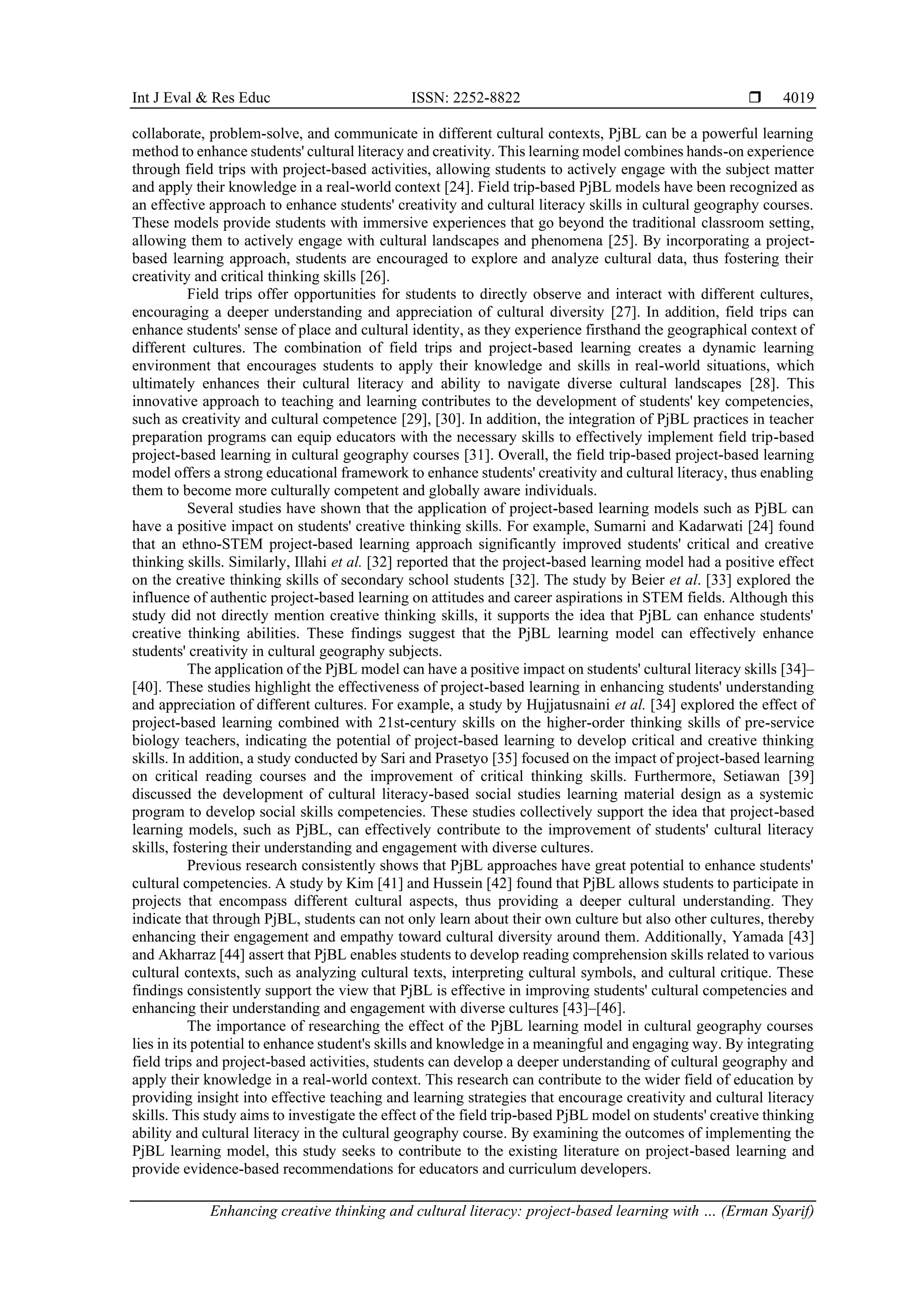 Enhancing creative thinking and cultural literacy: project-based learning with field trip ...