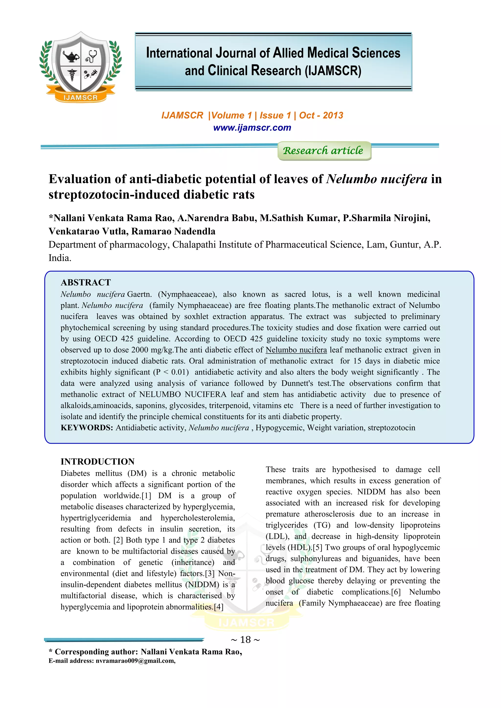 Evaluation of anti-diabetic potential of leaves of nelumbo nucifera in ...