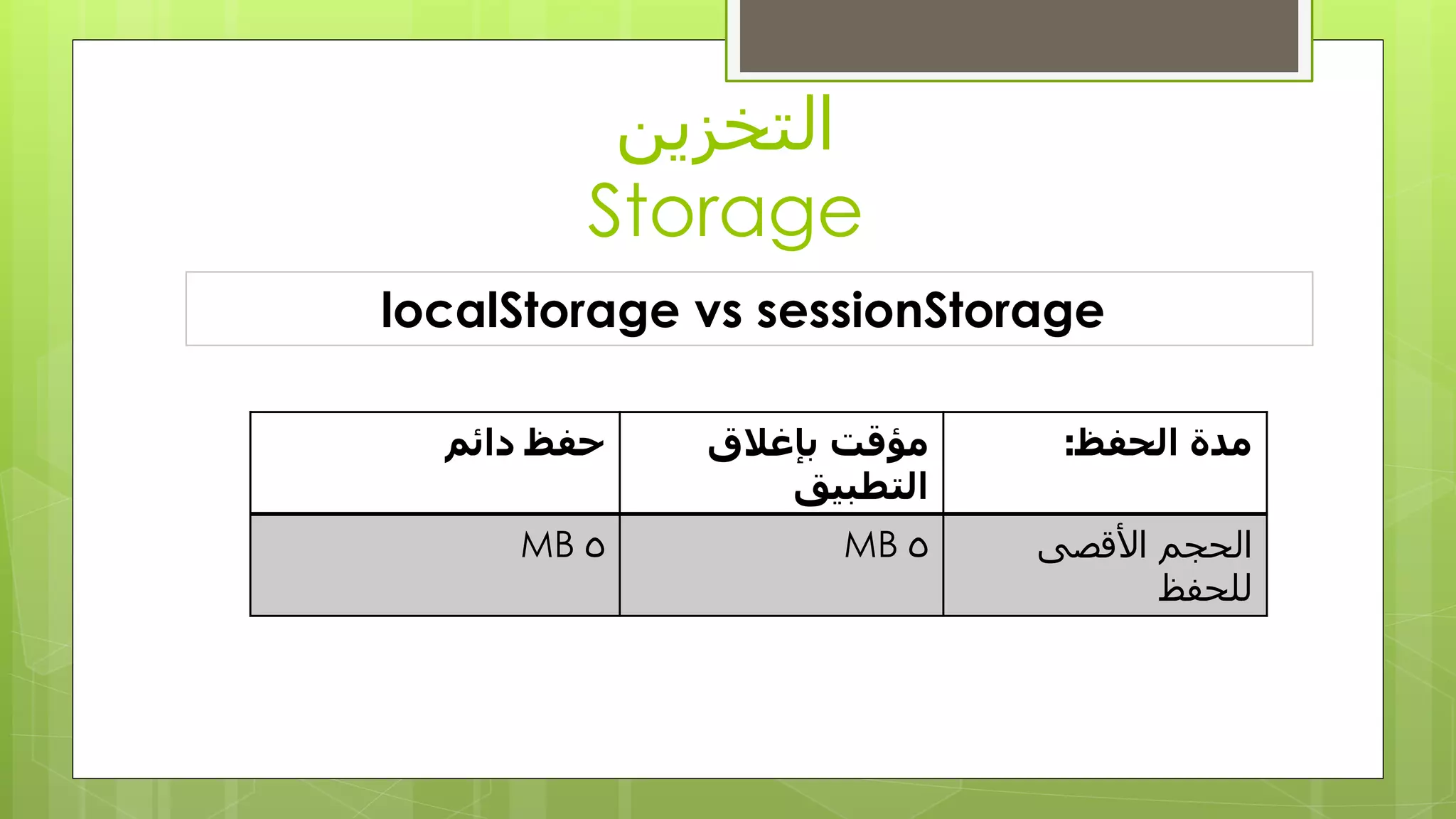 41 التعامل مع تخزين البيانات local storage vs sessionstorage | PPT