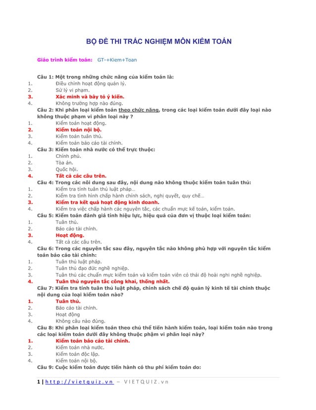 Bộ đề thi trắc nghiệm môn Kiểm toán (có đáp án) | PDF