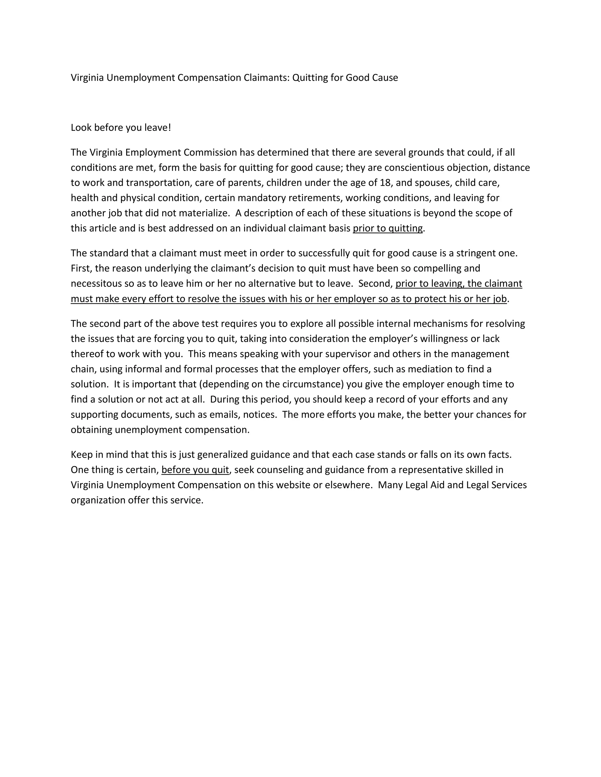 Virginia Unemployment Compensation Claimants Quitting for Good Cause | DOCX