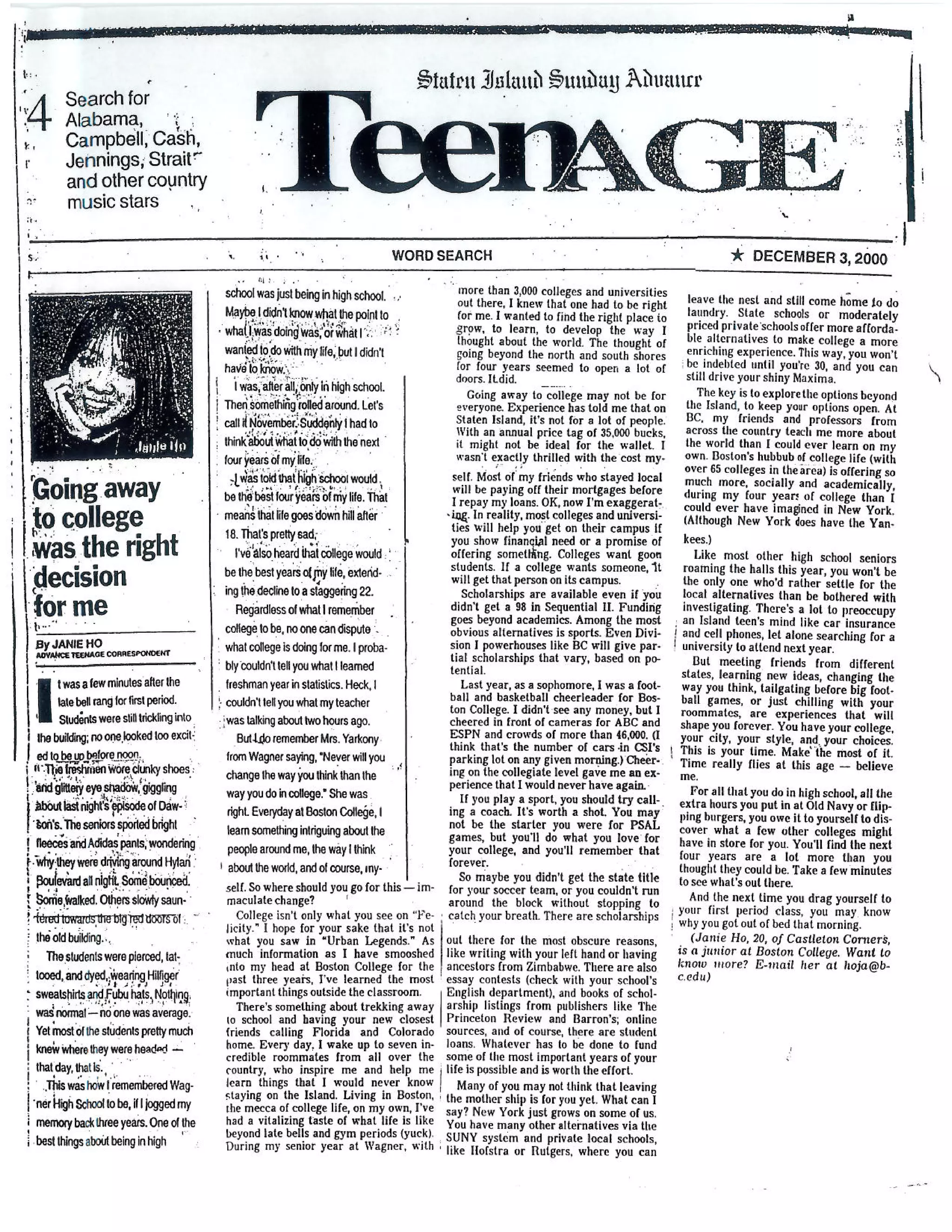 Janie Ho - Staten Island Advance Writing Sample 2000 | PDF