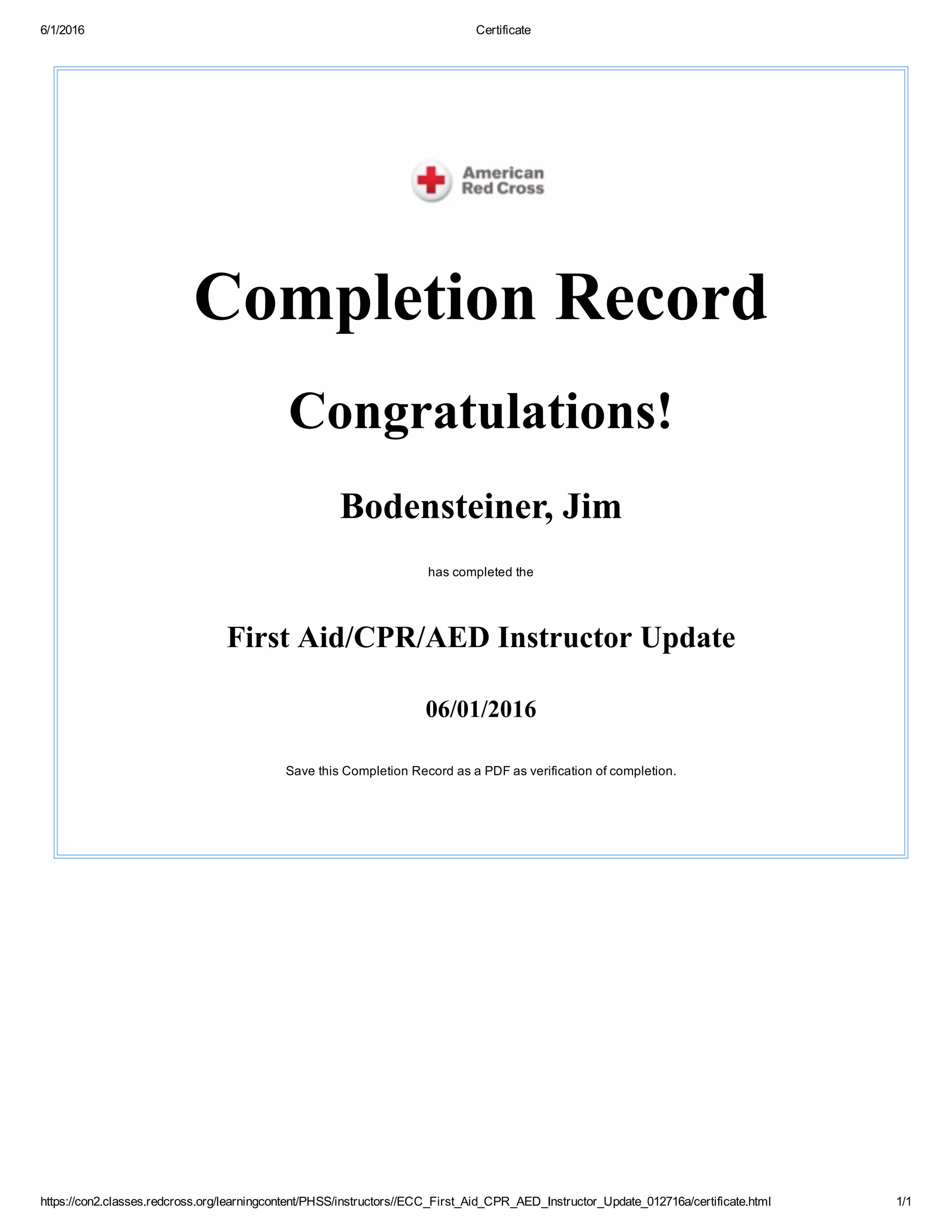 Certificate- Jim 6-1-2016 Red Cross Instructor | PDF