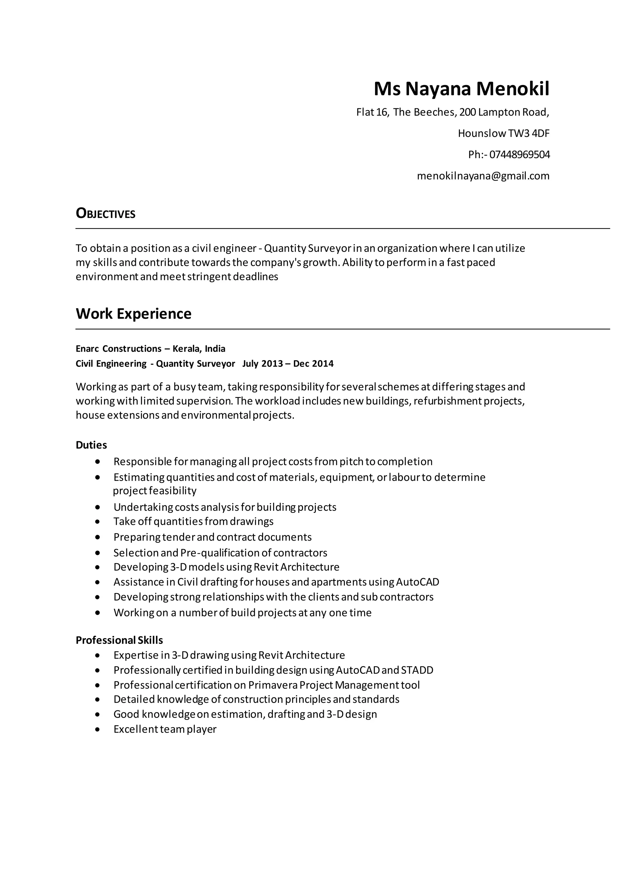 Nayana Menokil - Civil Engineering Resume | DOCX