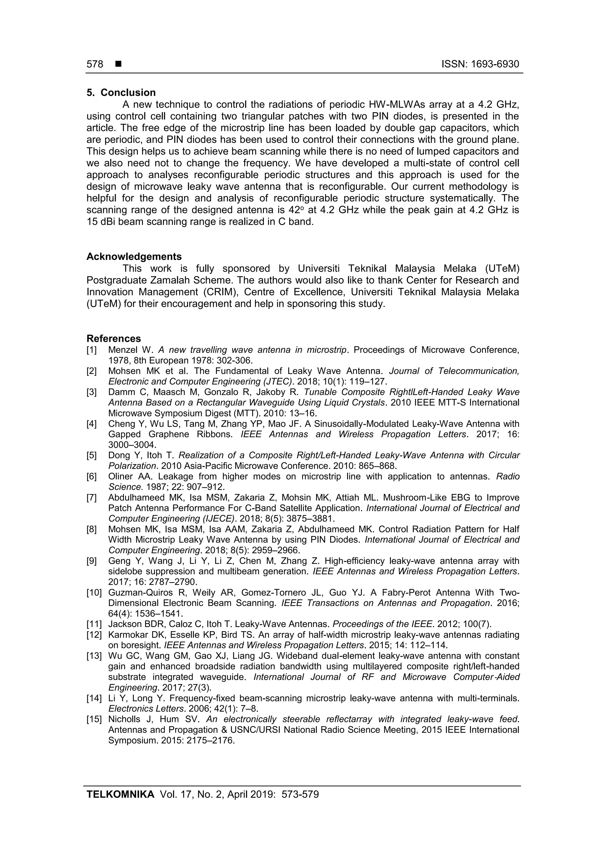 Electronically controlled radiation pattern leaky wave antenna array for (C band) application | PDF
