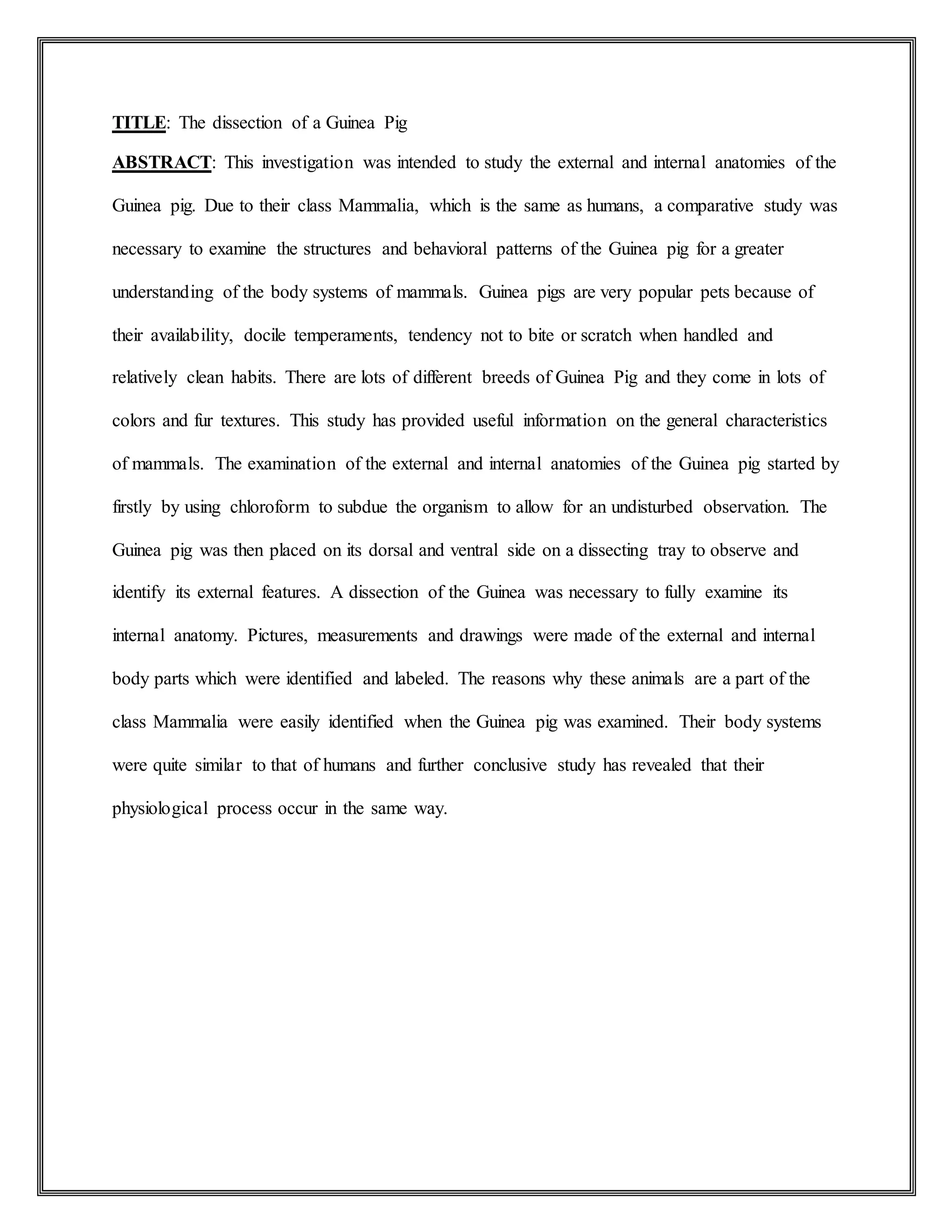Lab Report on Guinea Pig | DOCX