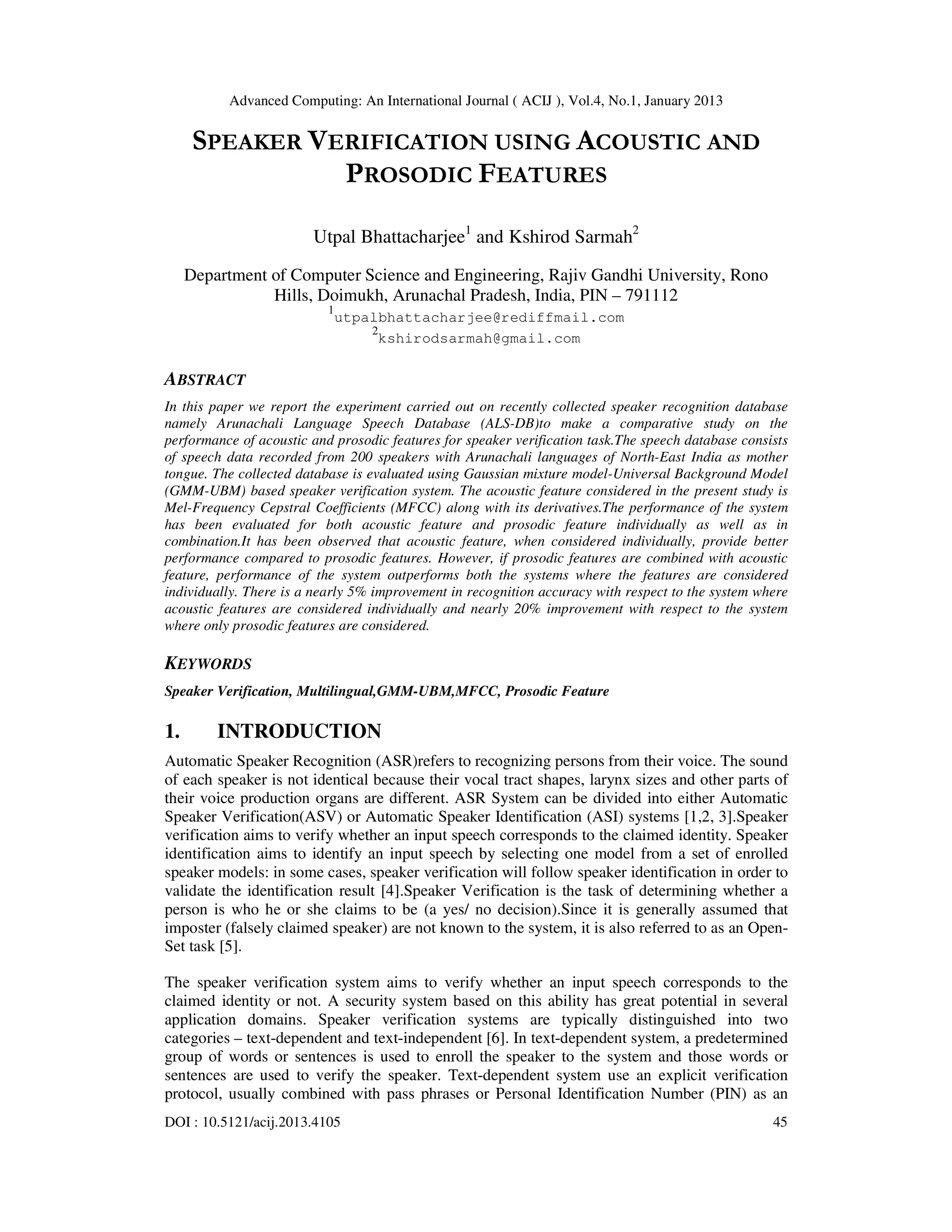 SPEAKER VERIFICATION USING ACOUSTIC AND PROSODIC FEATURES | PDF