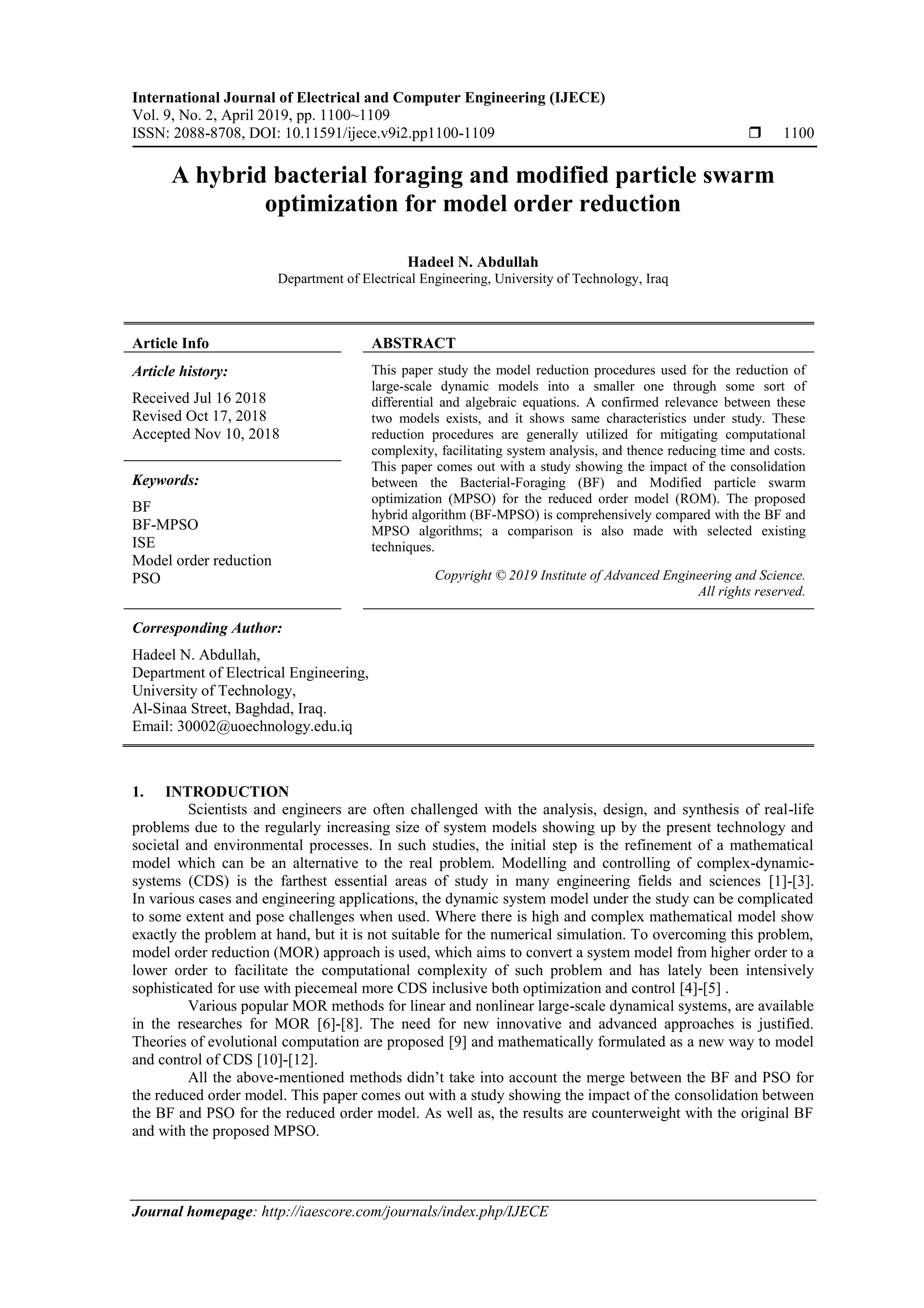 A Hybrid Bacterial Foraging And Modified Particle Swarm Optimization For Model Order Reduction Pdf