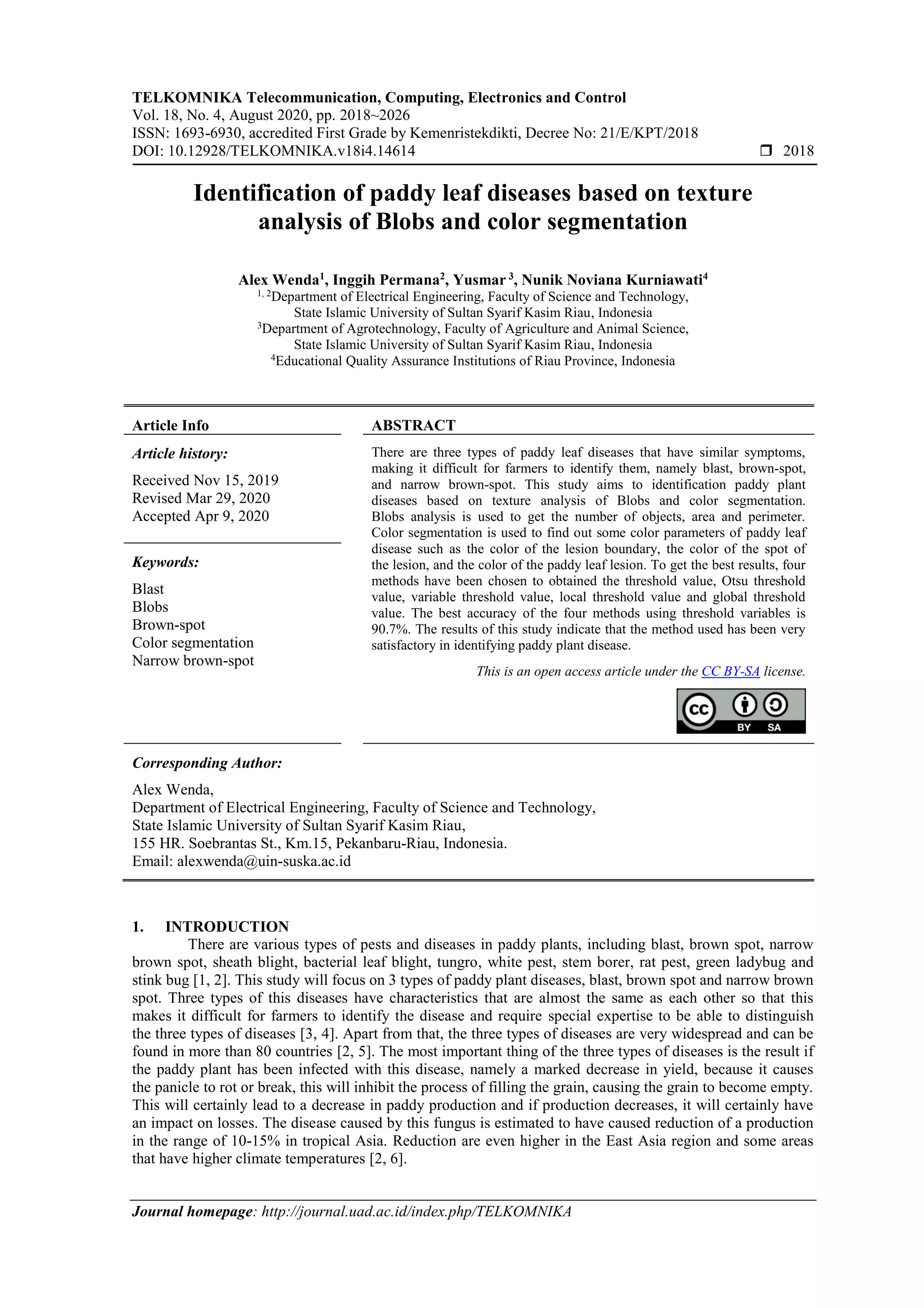 Identification Of Paddy Leaf Diseases Based On Texture Analysis Of Blobs And Color Segmentation