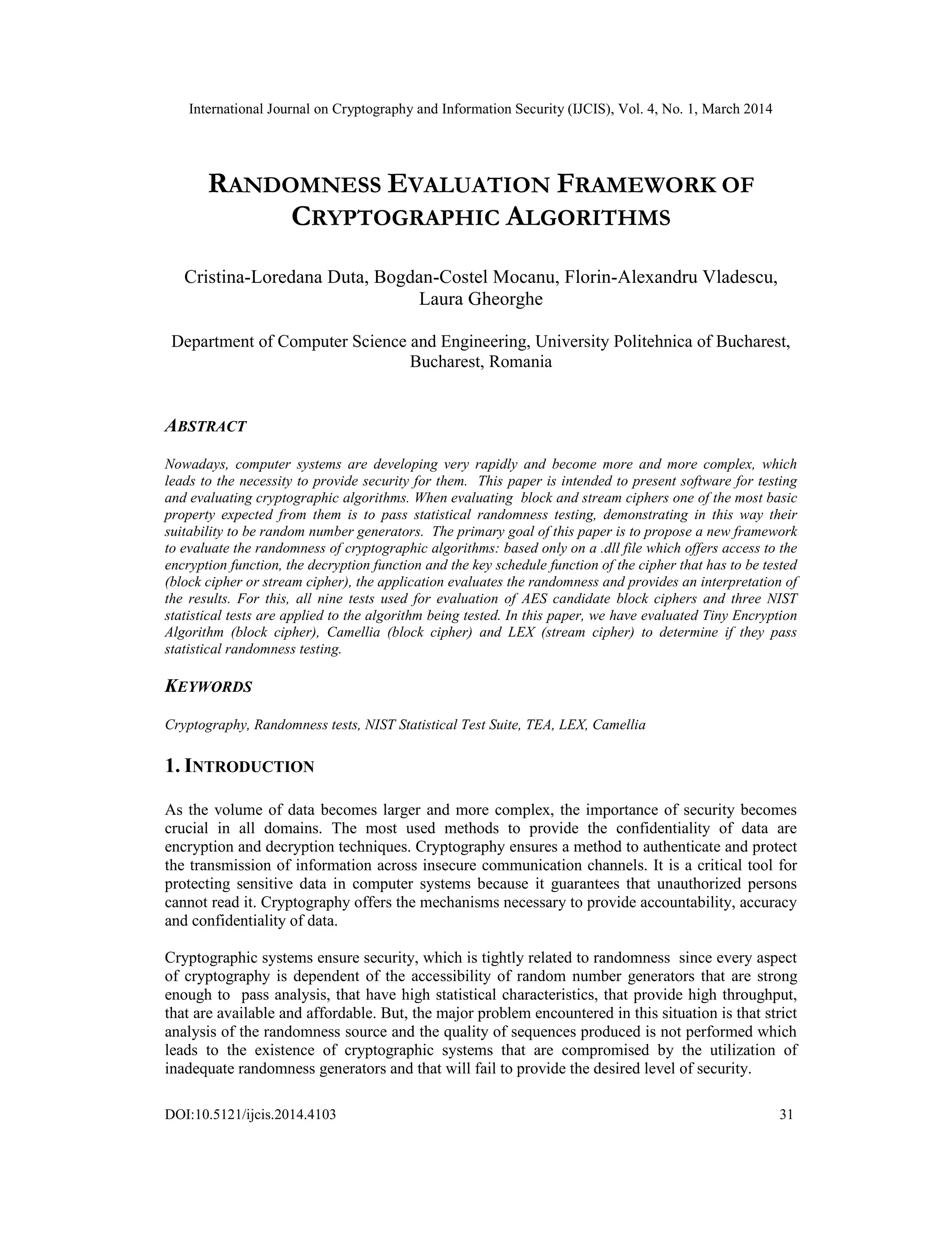 RANDOMNESS EVALUATION FRAMEWORK OF CRYPTOGRAPHIC ALGORITHMS | PDF