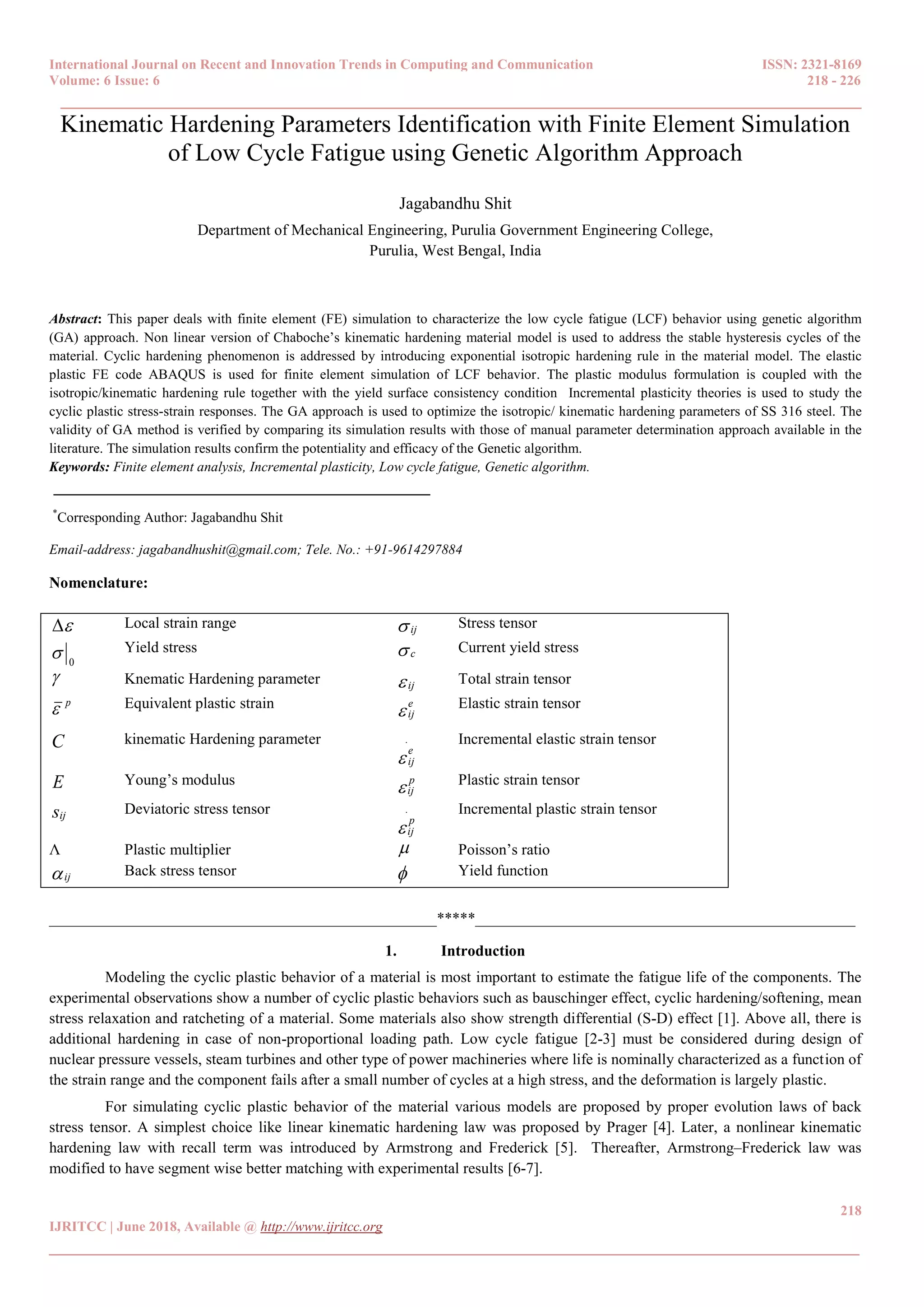 Kinematic Hardening Parameters Identification with Finite Element Simulation of Low Cycle ...