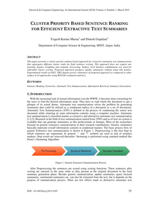 CLUSTER PRIORITY BASED SENTENCE RANKING FOR EFFICIENT EXTRACTIVE TEXT SUMMARIES | PDF