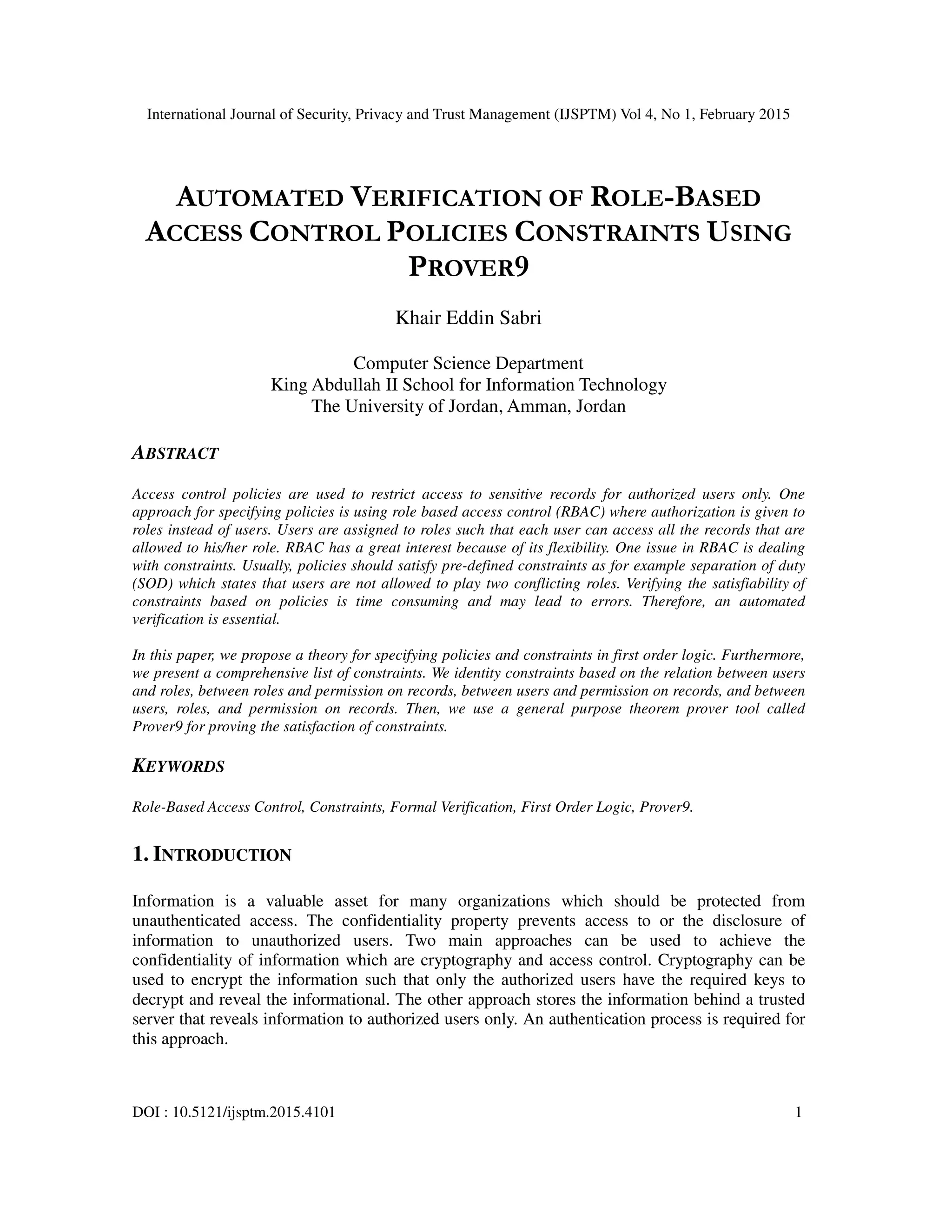 Automated Verification of Role-Based Access Control Policies Constraints Using Prover9 | PDF