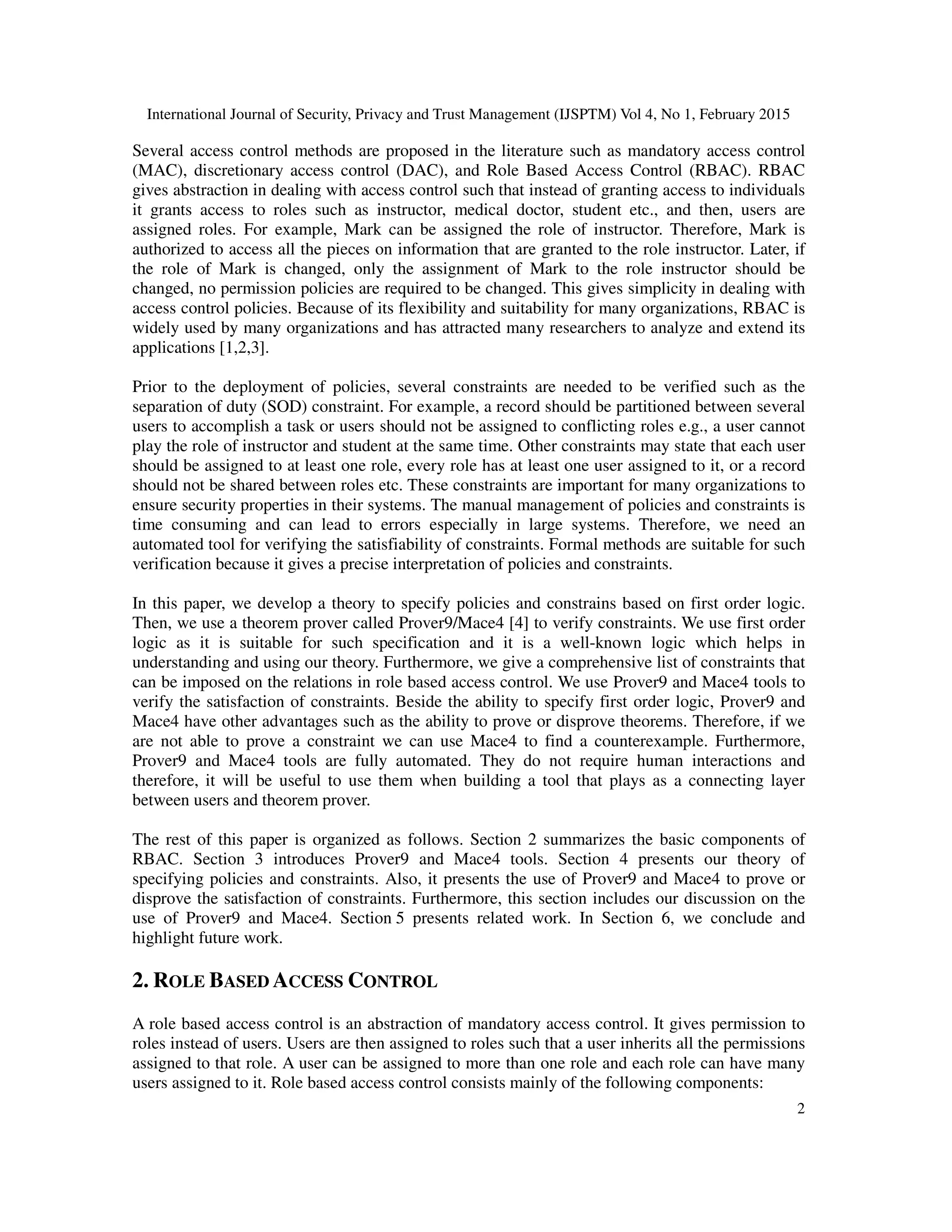 Automated Verification of Role-Based Access Control Policies Constraints Using Prover9 | PDF