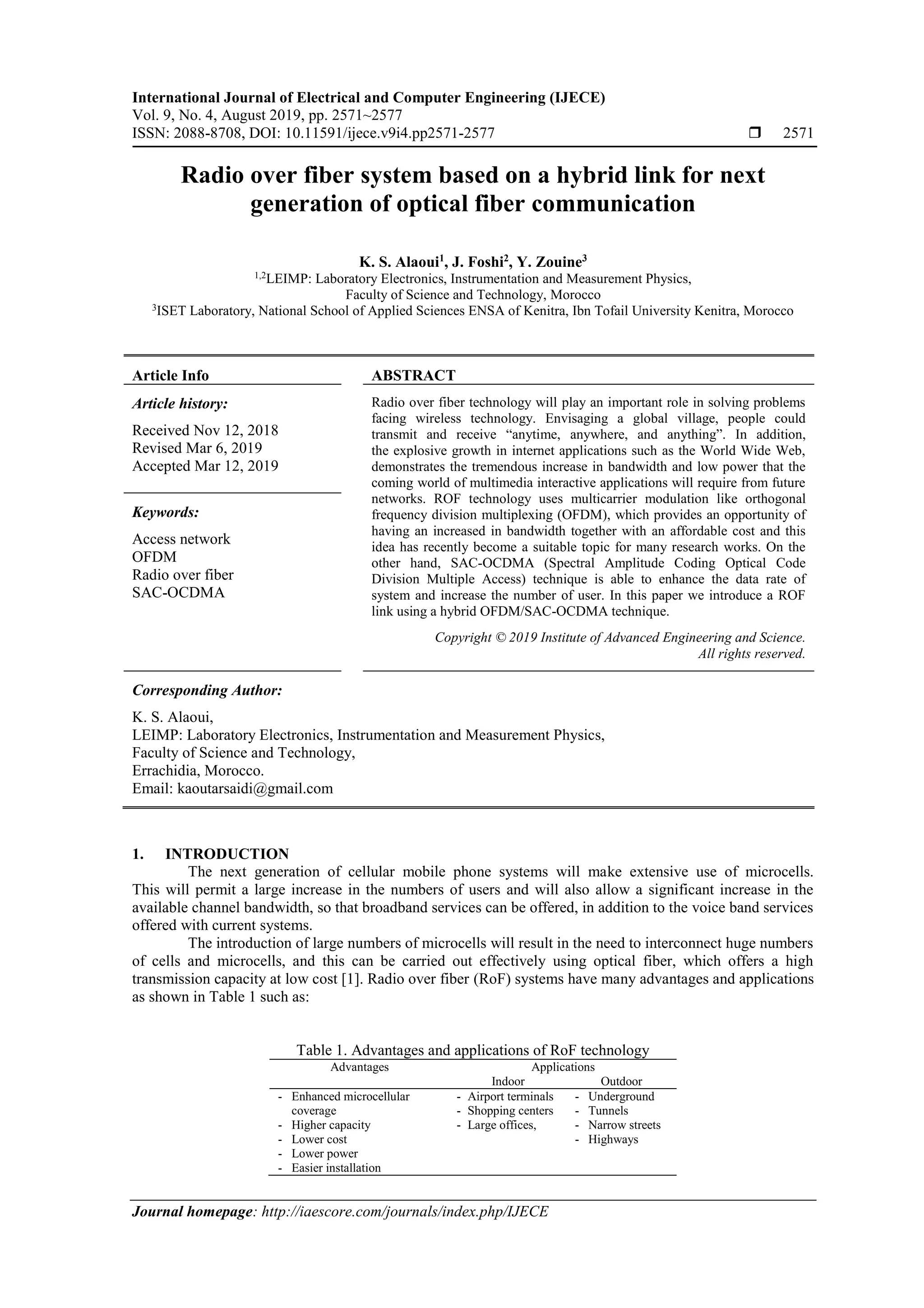 Radio over fiber system based on a hybrid link for next generation of ...