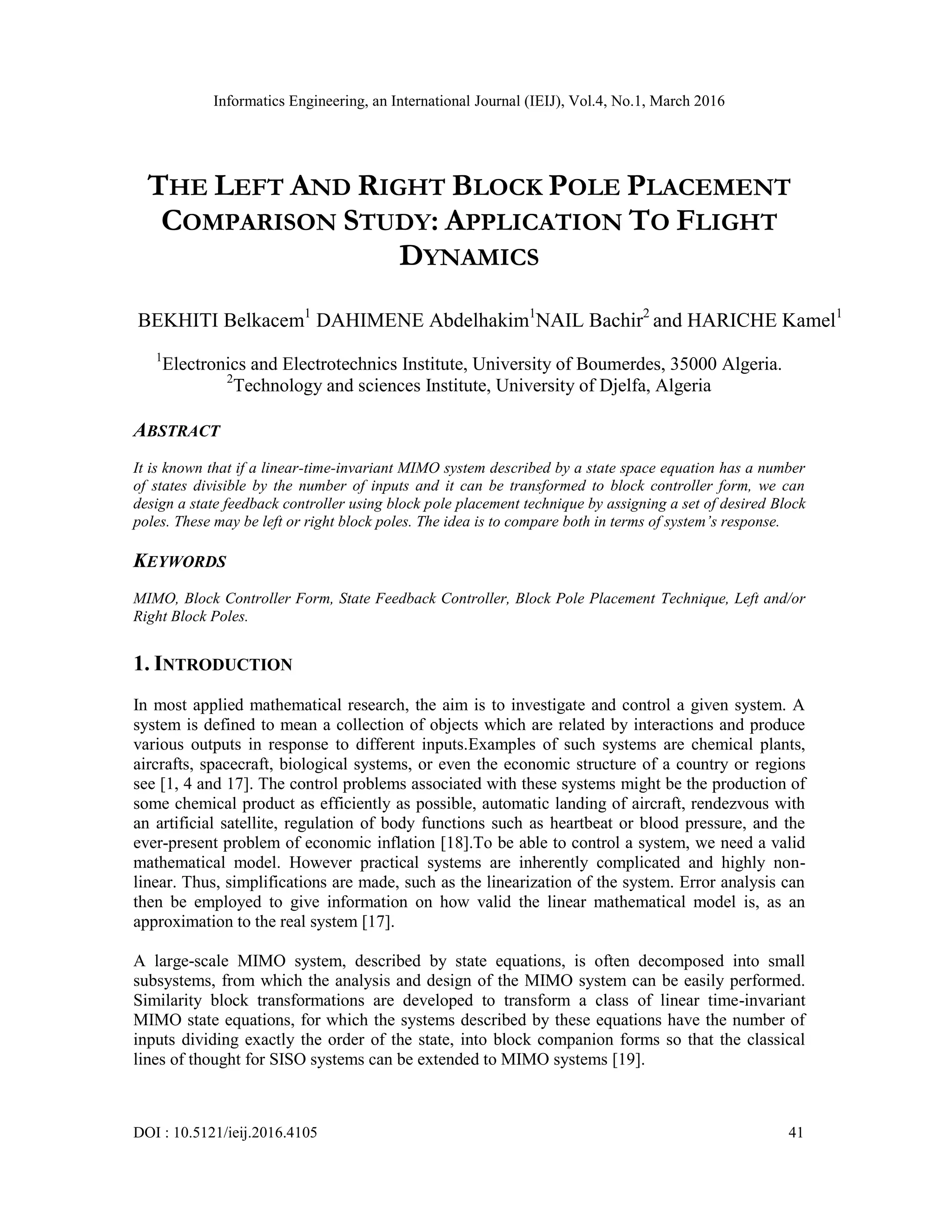 THE LEFT AND RIGHT BLOCK POLE PLACEMENT COMPARISON STUDY: APPLICATION ...
