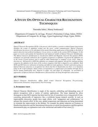 A STUDY ON OPTICAL CHARACTER RECOGNITION TECHNIQUES | PDF