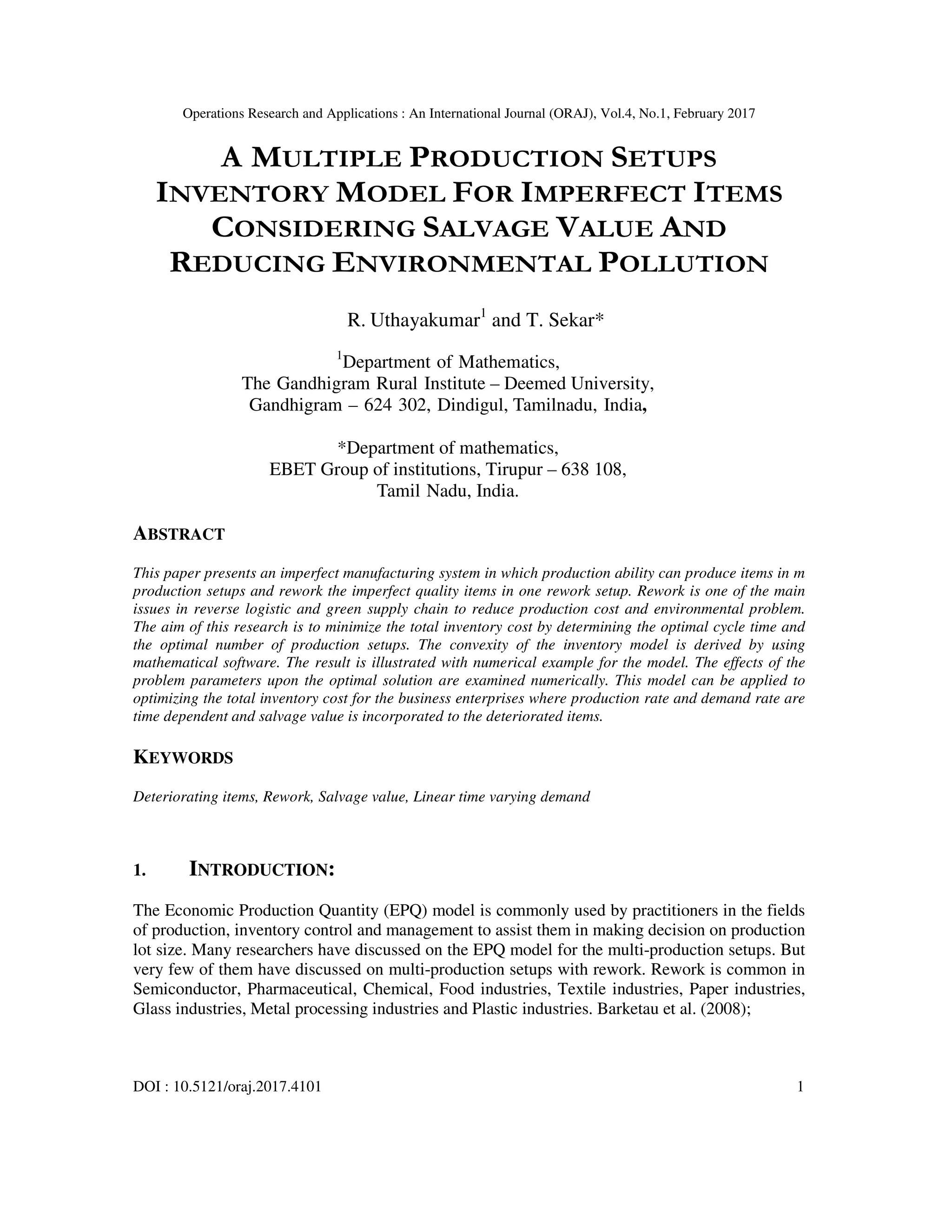 A Multiple Production Setups Inventory Model For Imperfect Items Considering Salvage Value And