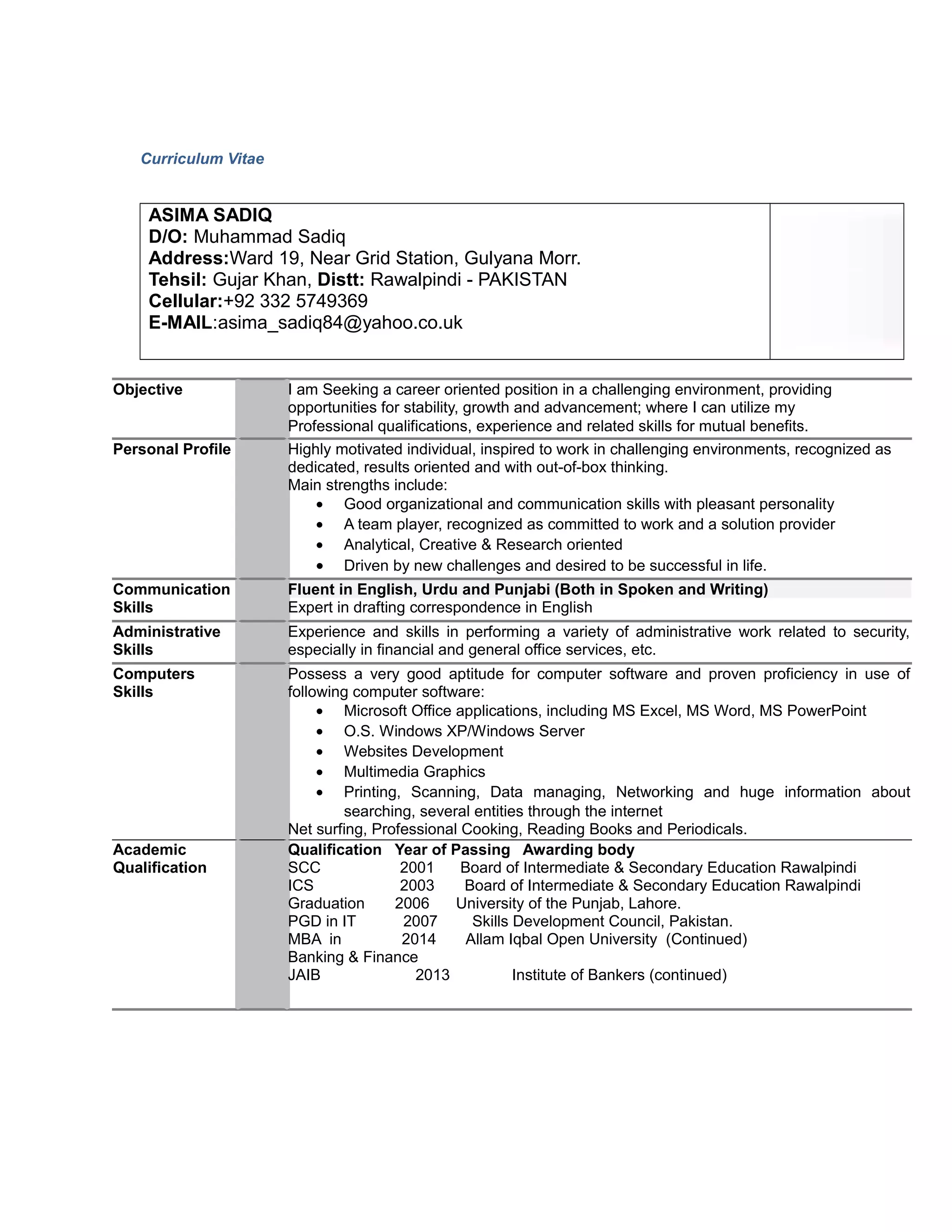 ASIMA SADIQ - UPDATED CV (1) (1) | PDF