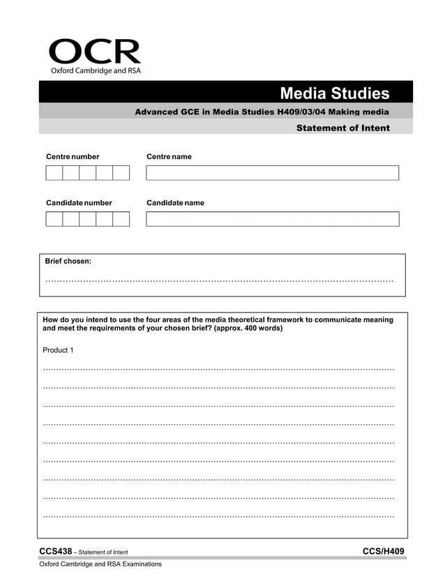 A-Level Media - Statement of Intent form | PDF | Video Production ...