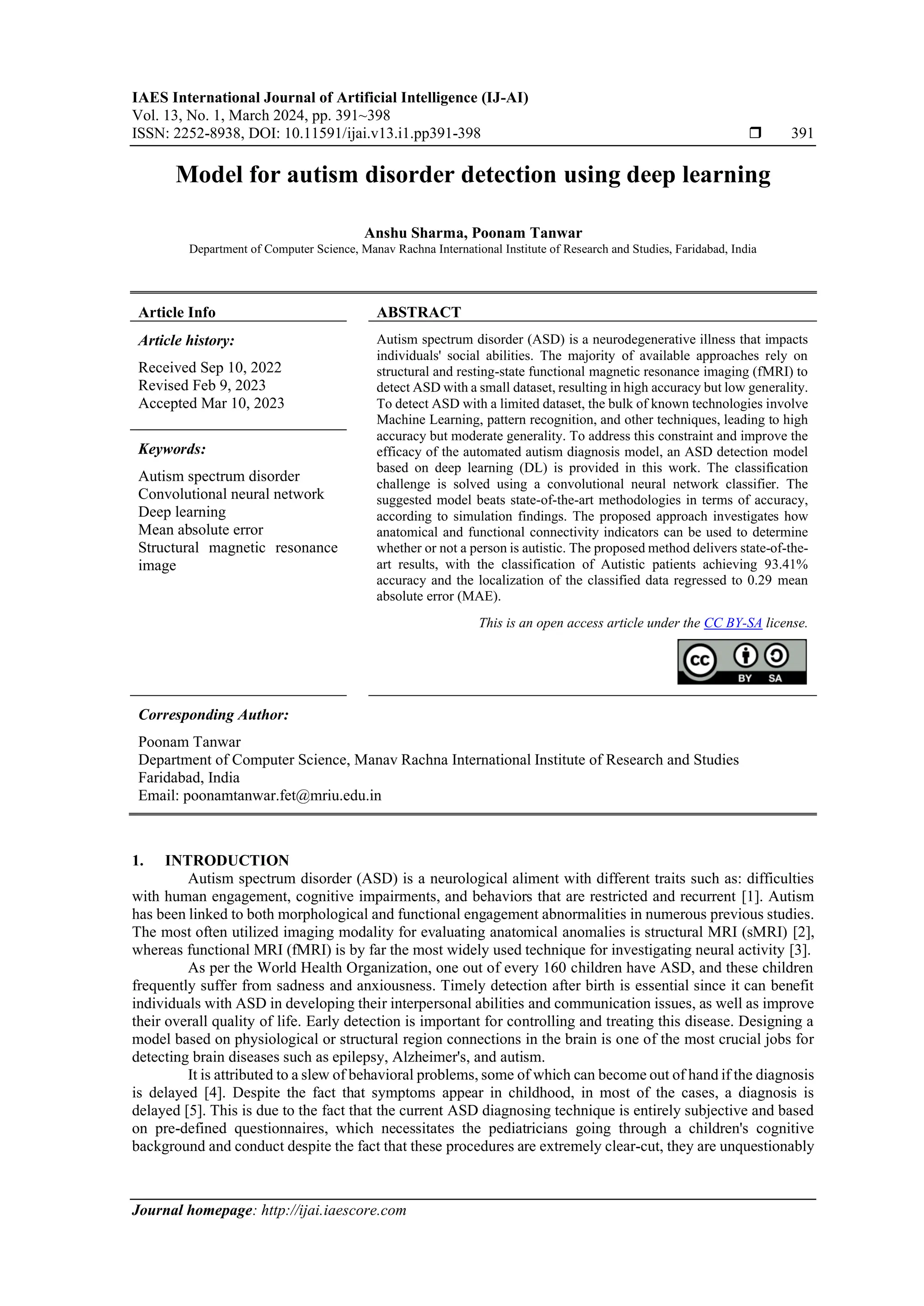 Model for autism disorder detection using deep learning | PDF