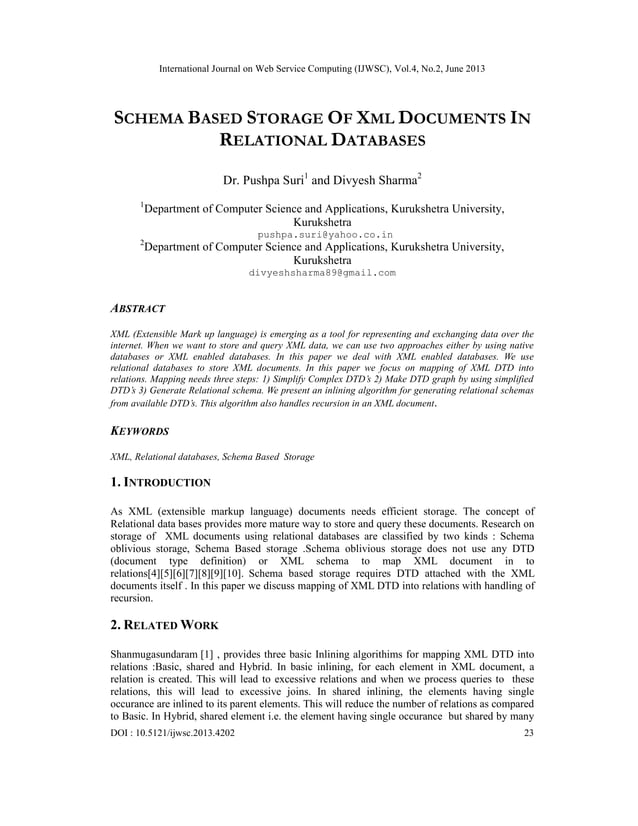 SCHEMA BASED STORAGE OF XML DOCUMENTS IN RELATIONAL DATABASES | PDF
