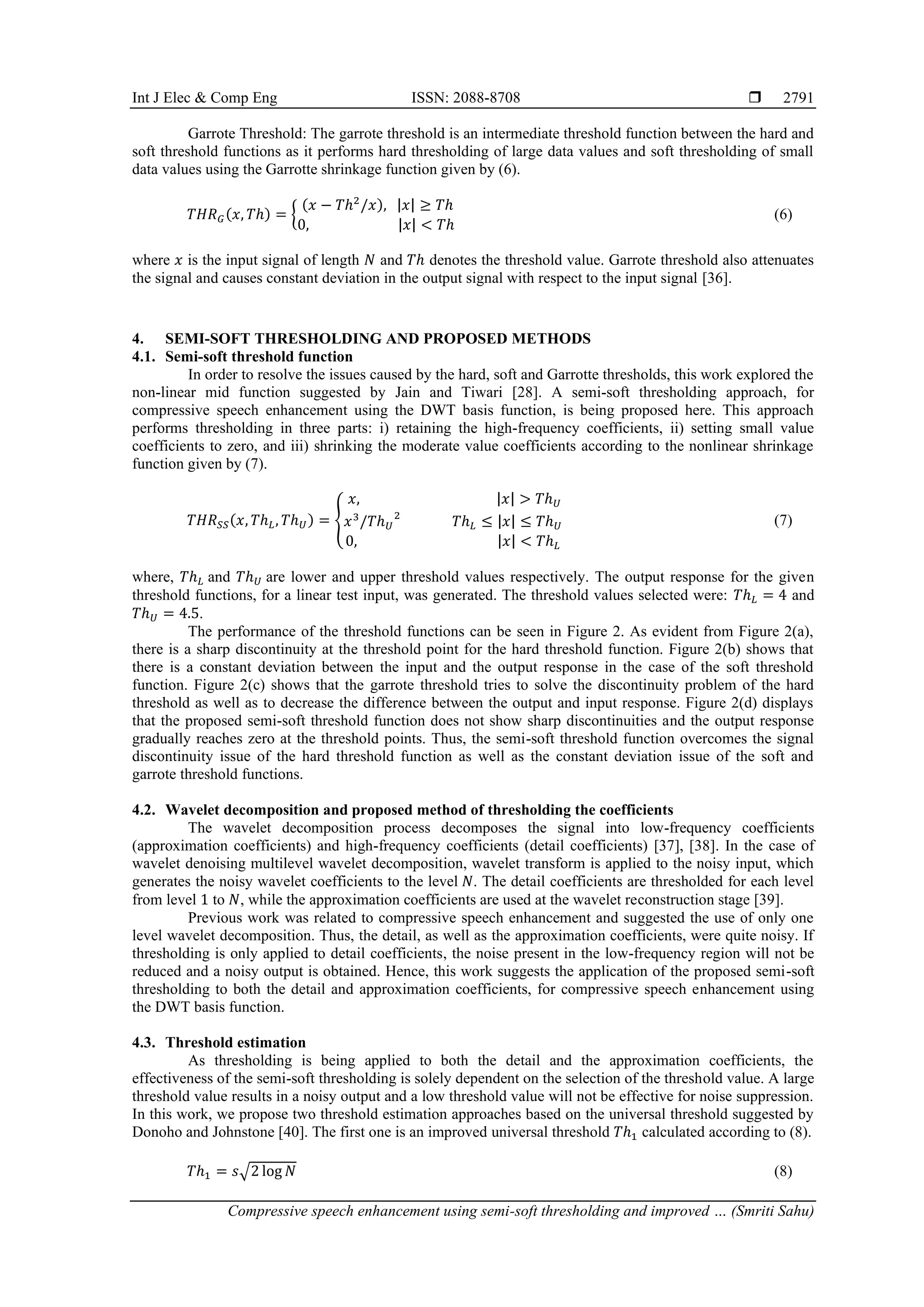 Compressive speech enhancement using semi-soft thresholding and improved threshold estimation | PDF