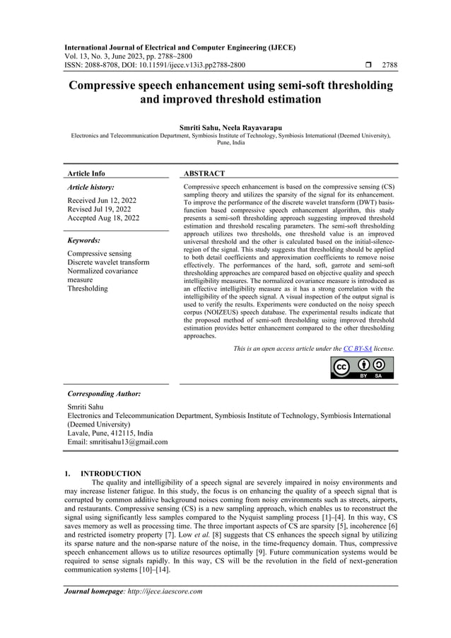 Compressive speech enhancement using semi-soft thresholding and improved threshold estimation | PDF