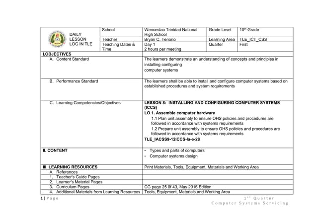 1st-Quarter-Daily-Lesson-Log-CSS-Grade10.docx | Educational Assessment | Education
