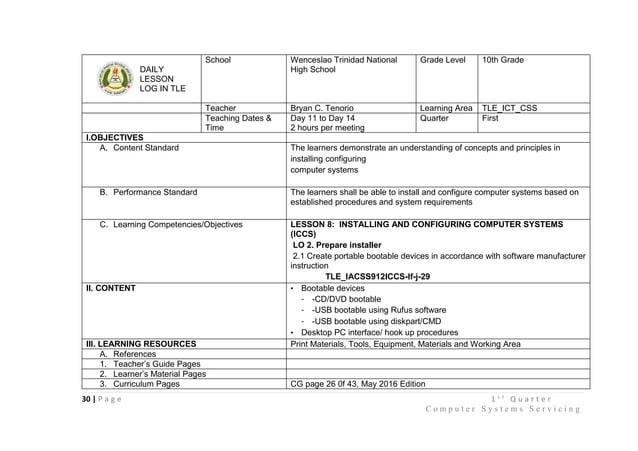 1st-Quarter-Daily-Lesson-Log-CSS-Grade10.docx | Educational Assessment | Education