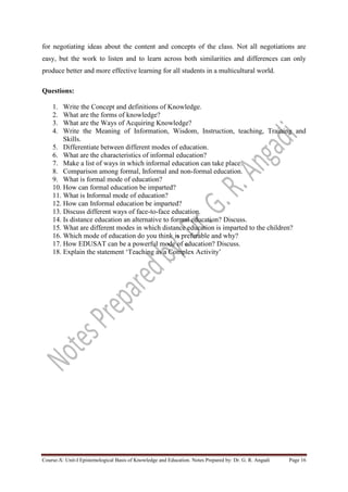 Unit-I Epistemological Basis of Knowledge and Education | PDF