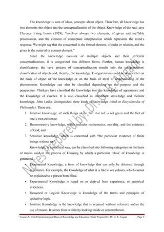 Unit-I Epistemological Basis of Knowledge and Education | PDF