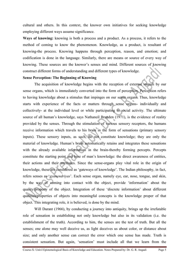 Unit-I Epistemological Basis of Knowledge and Education | PDF