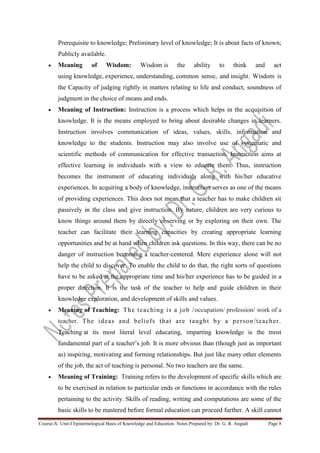 Unit-I Epistemological Basis of Knowledge and Education | PDF