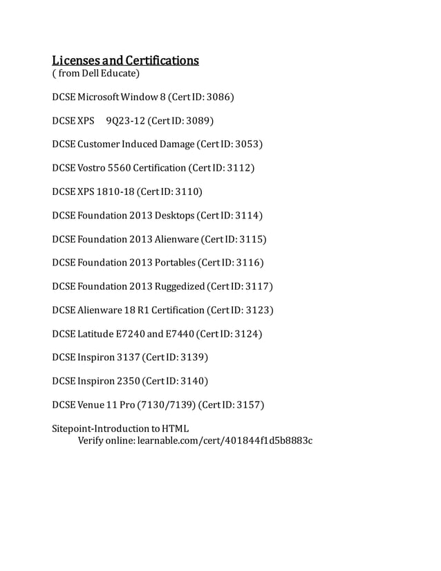 Licenses and Certifications-Dell | DOCX | Laptops | Computing