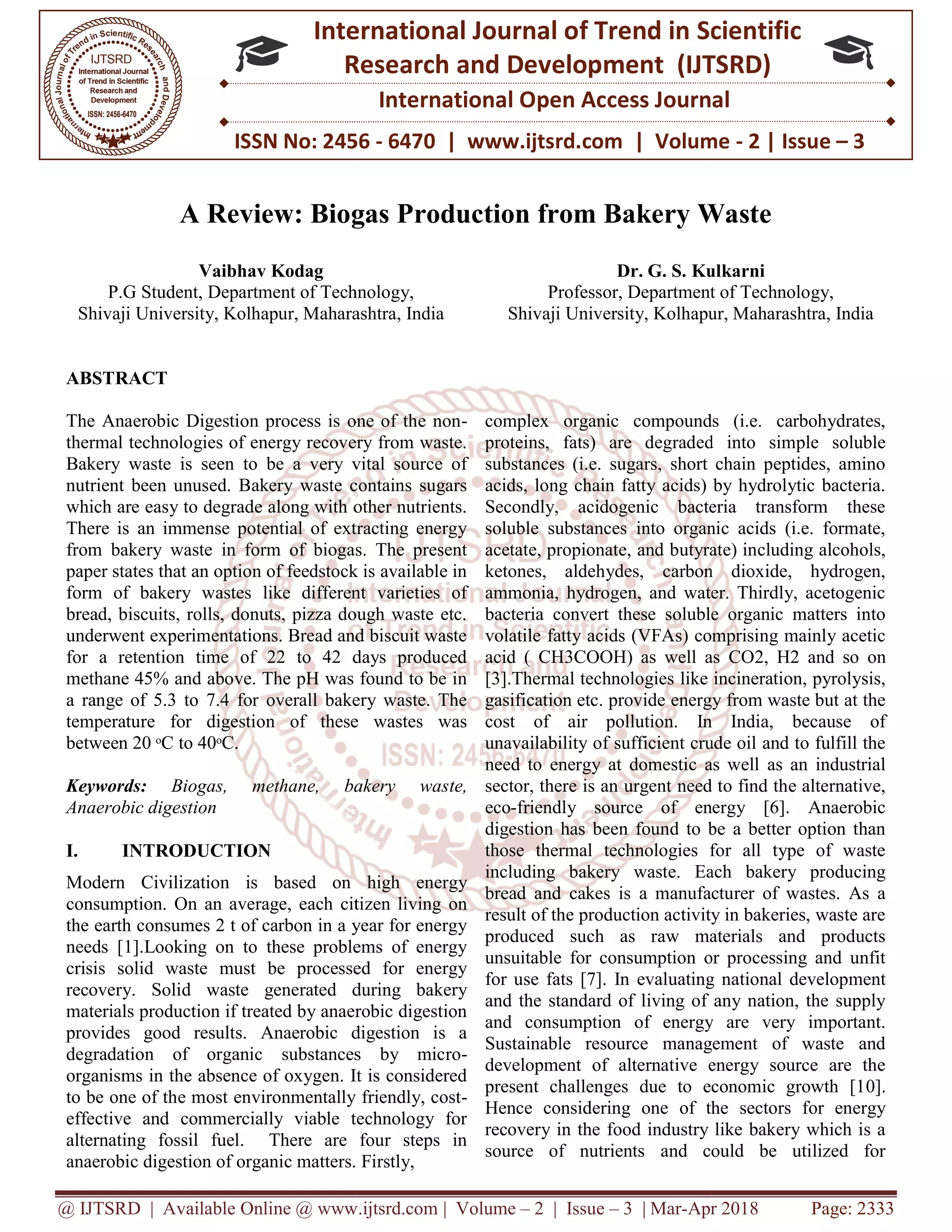 A Review: Biogas Production from Bakery Waste | PDF