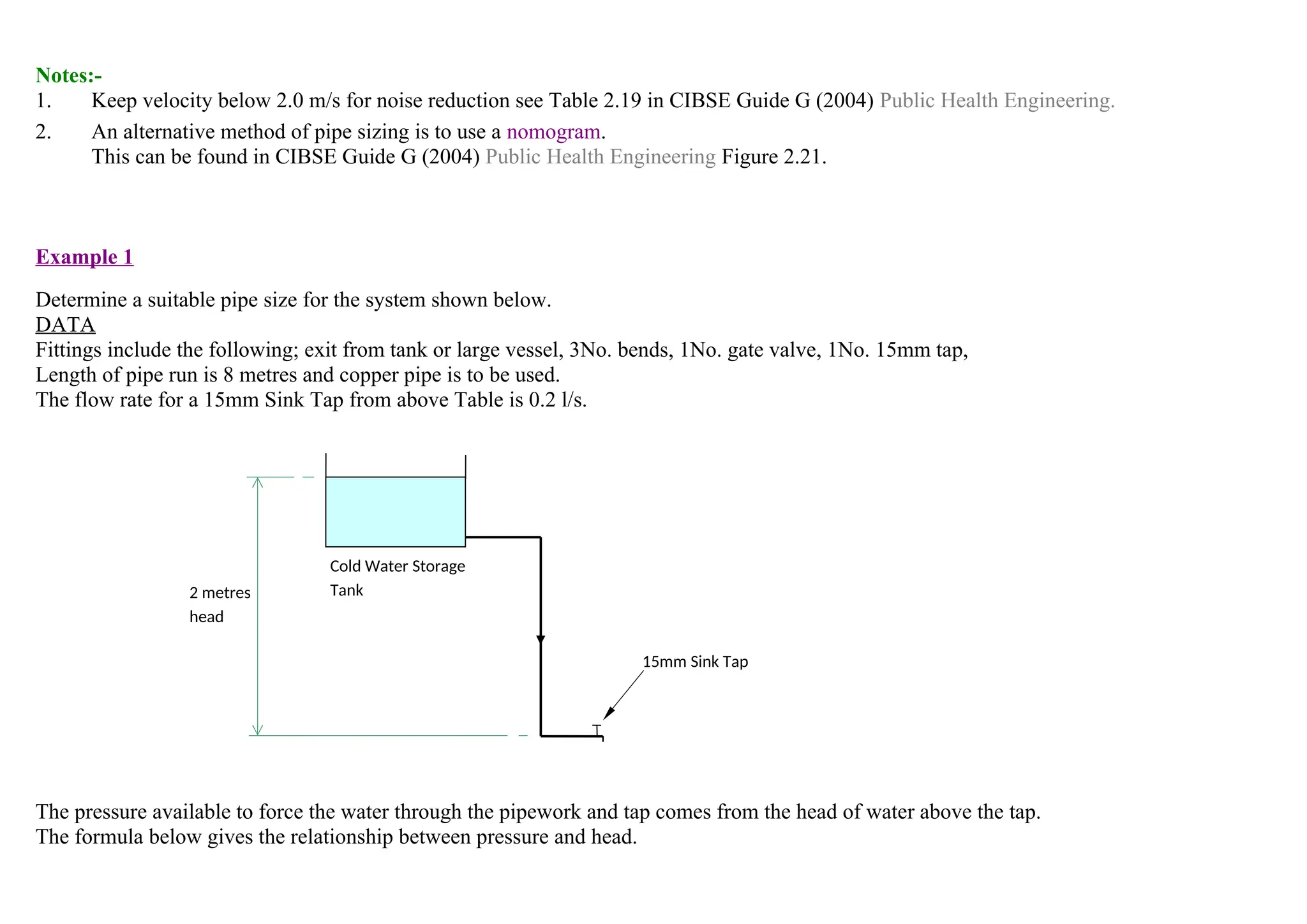 Non-pressurised Cold Water Pipe Sizing EX | DOCX