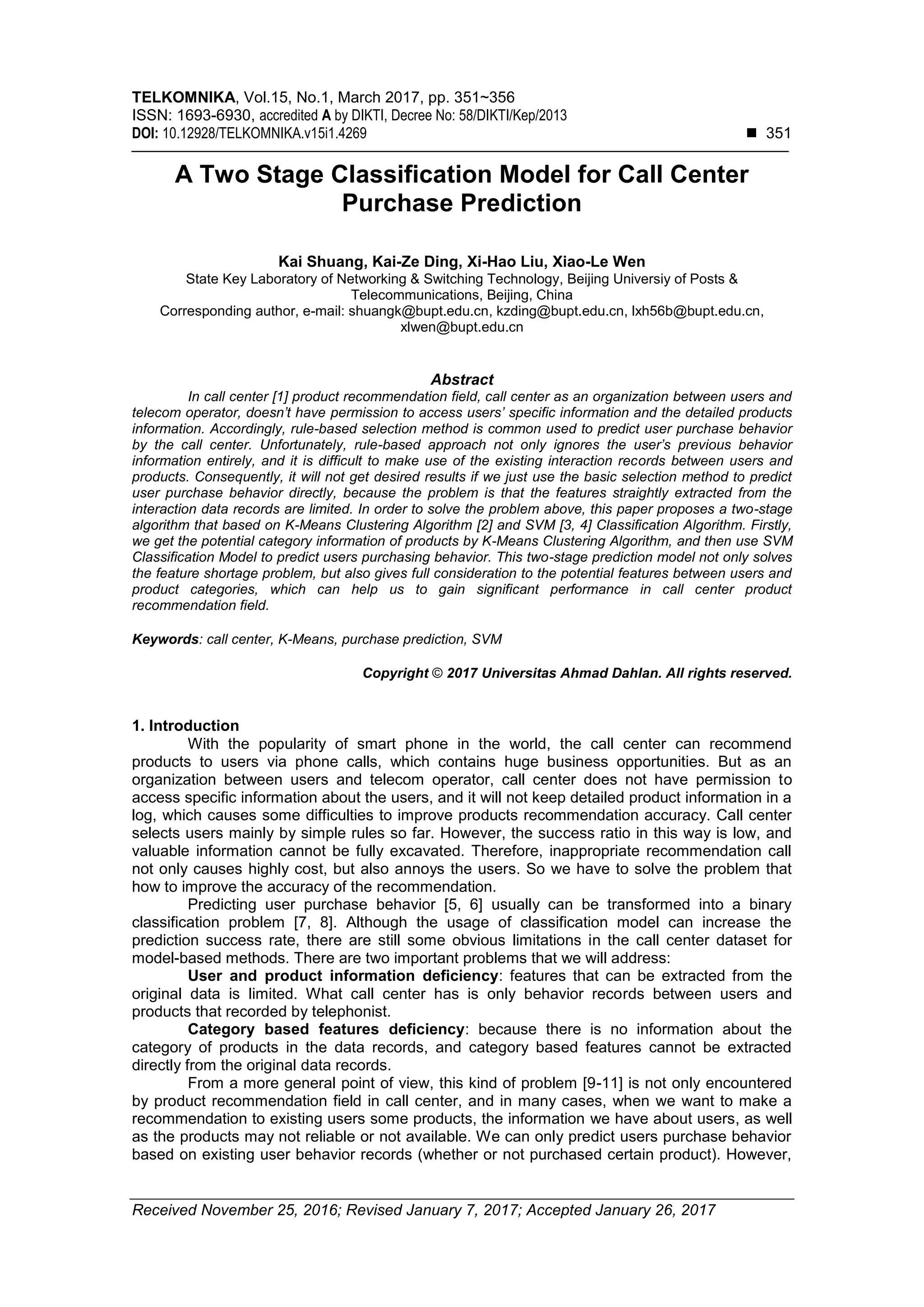 A Two Stage Classification Model for Call Center Purchase Prediction | PDF
