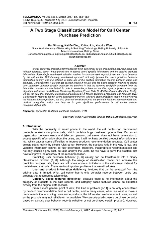 A Two Stage Classification Model for Call Center Purchase Prediction | PDF