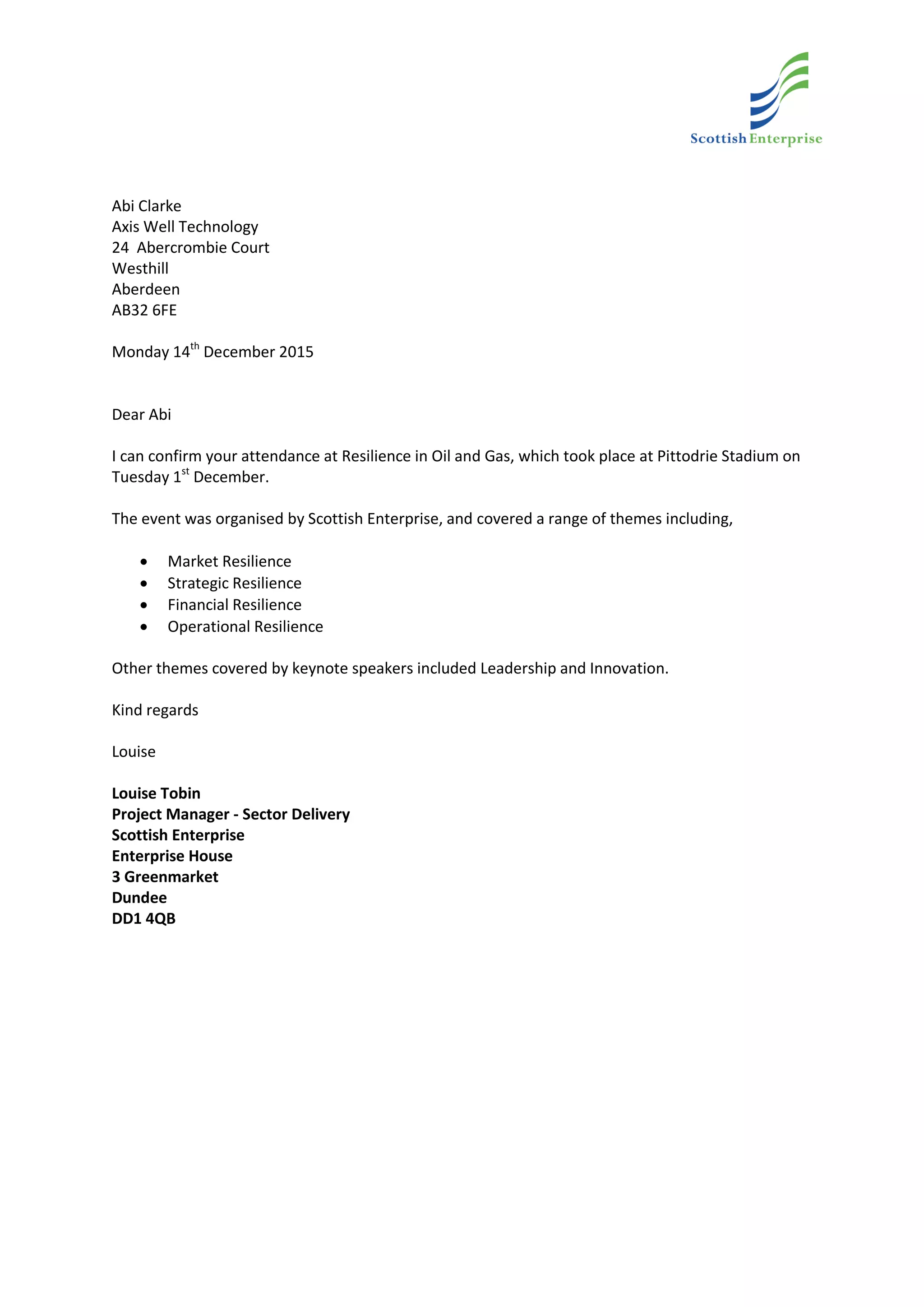 Scottish Enterprise Training Confirmation Letter | PDF