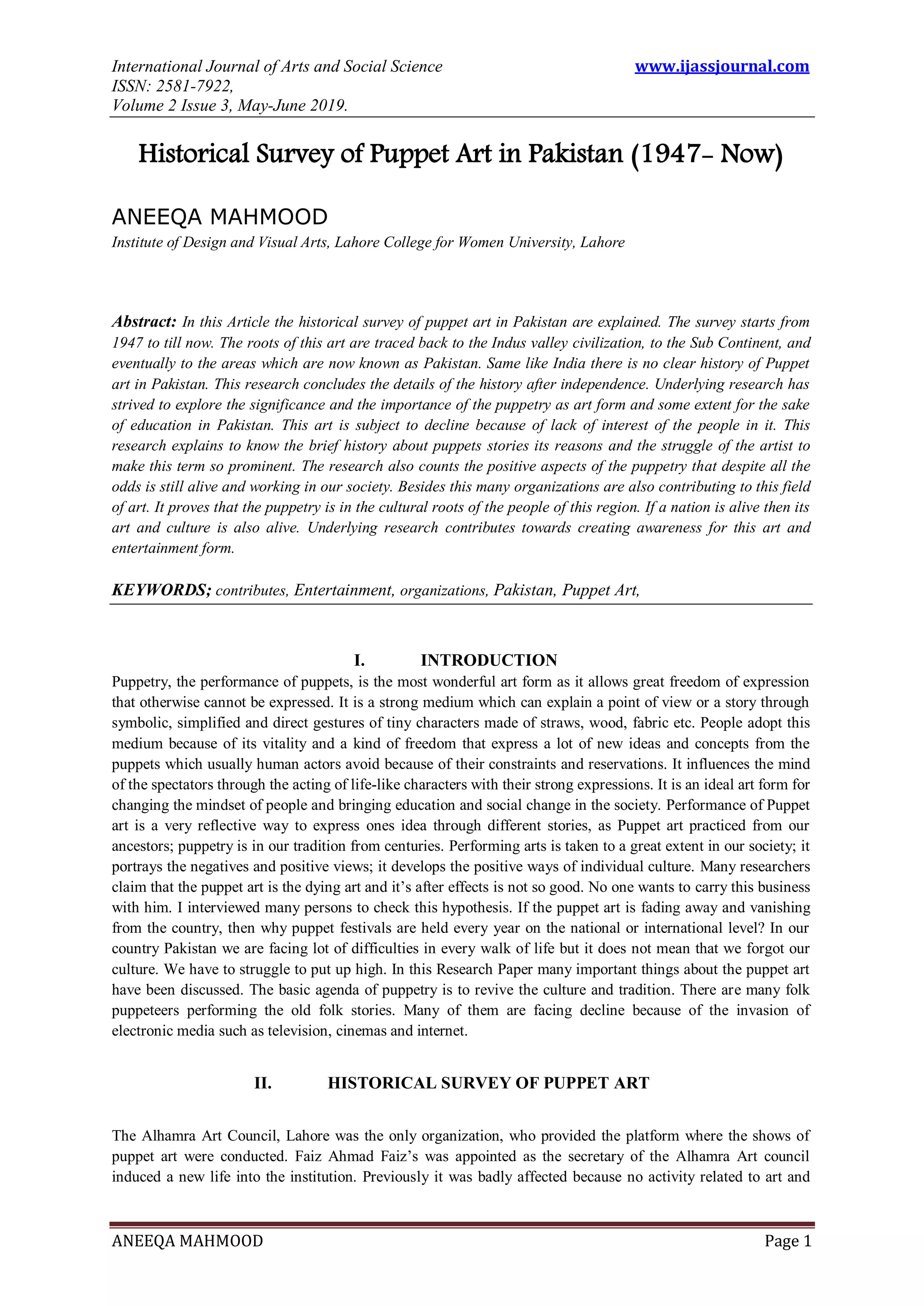 Historical Survey of Puppet Art in Pakistan (1947- Now) | PDF