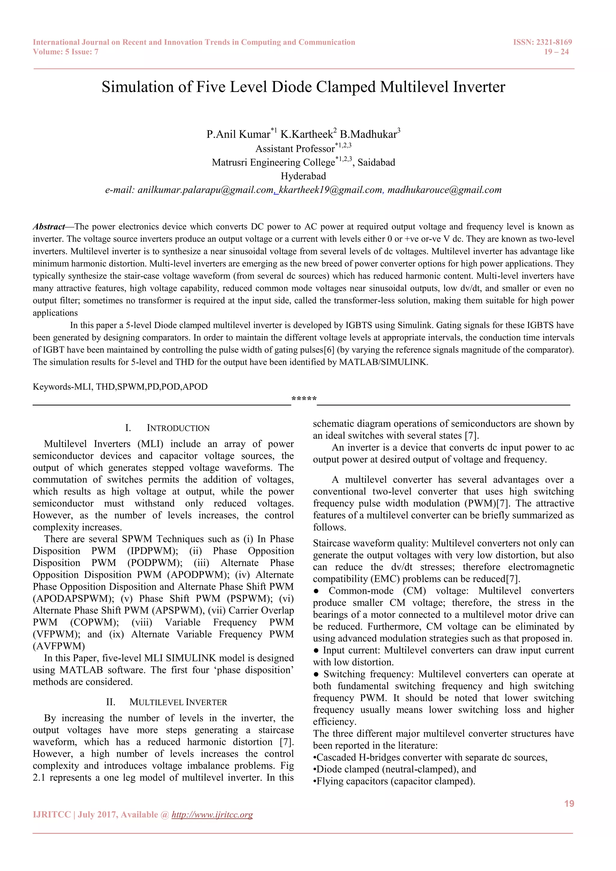 Simulation of Five Level Diode Clamped Multilevel Inverter | PDF