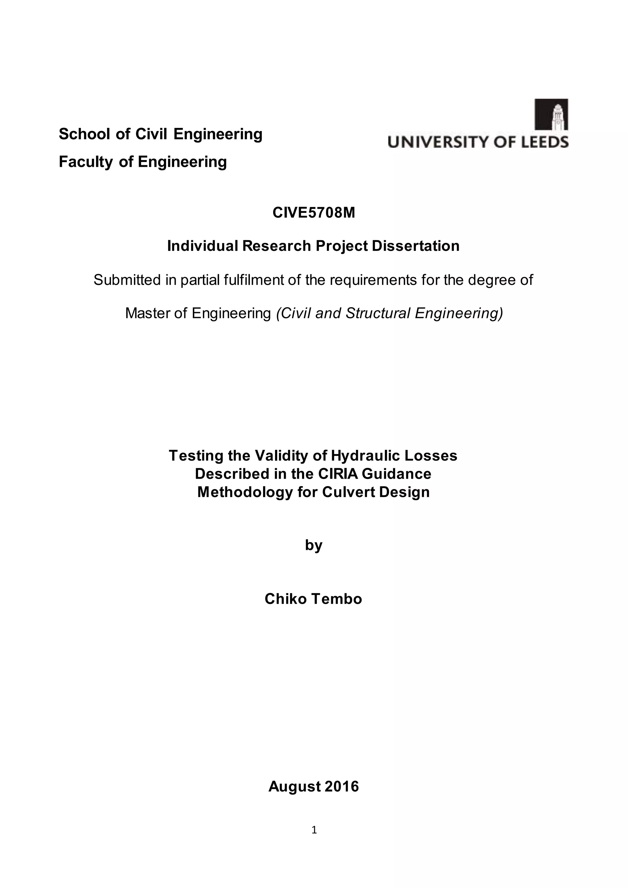 Testing The Validity Of Hydraulic Losses Described In The CIRIA ...