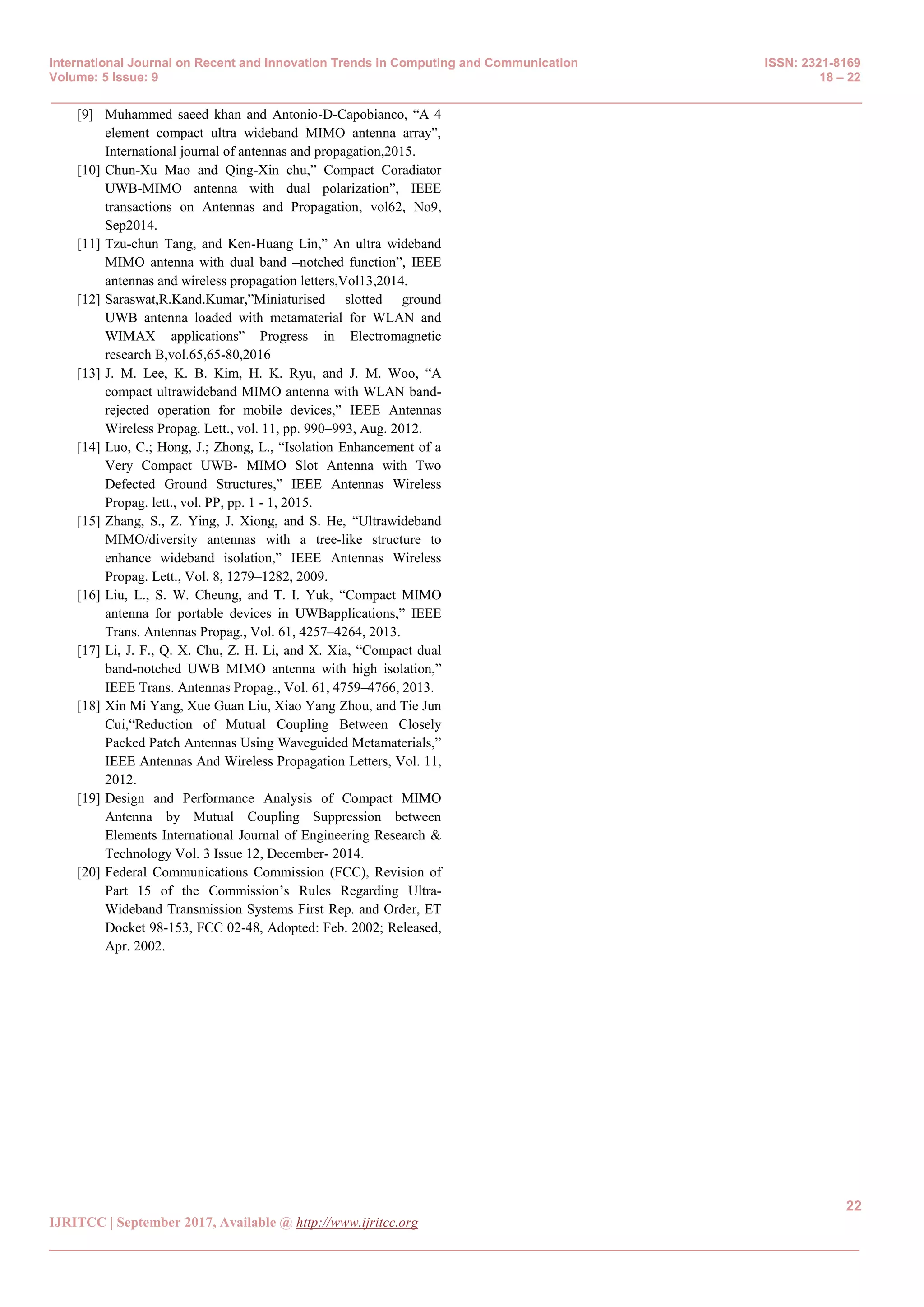 Mutual Coupling Reduction Techniques between MIMO Antennas for UWB Applications | PDF