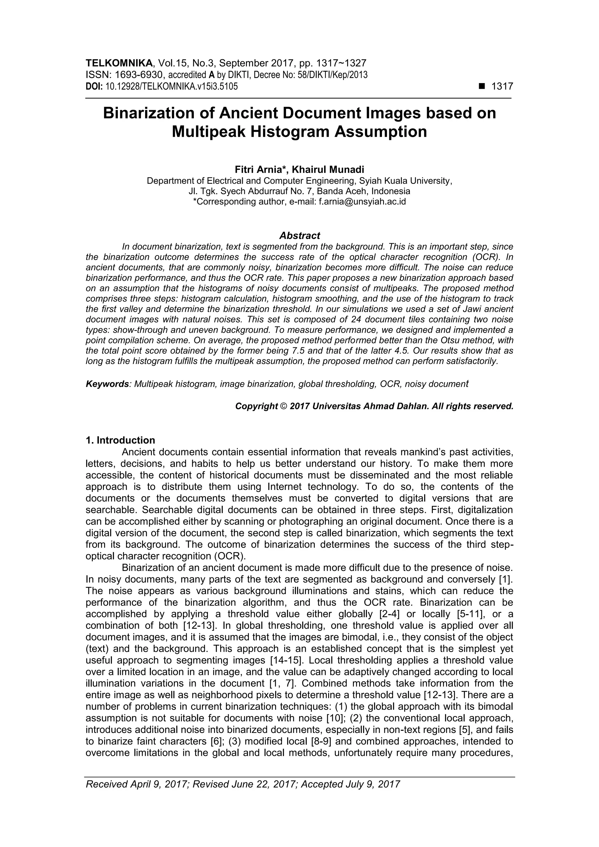 Binarization of Ancient Document Images based on Multipeak Histogram Assumption | PDF