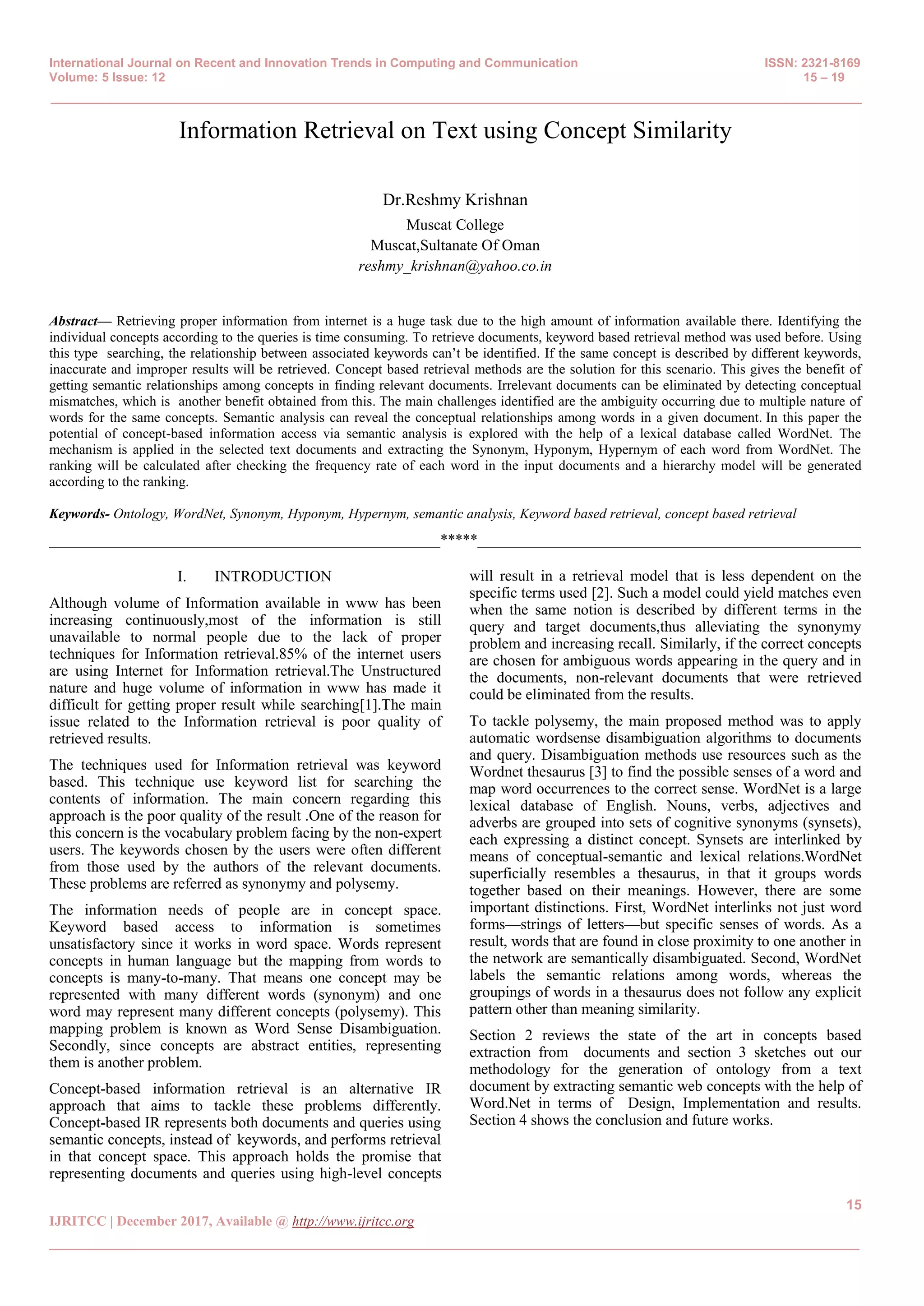 Information Retrieval on Text using Concept Similarity | PDF